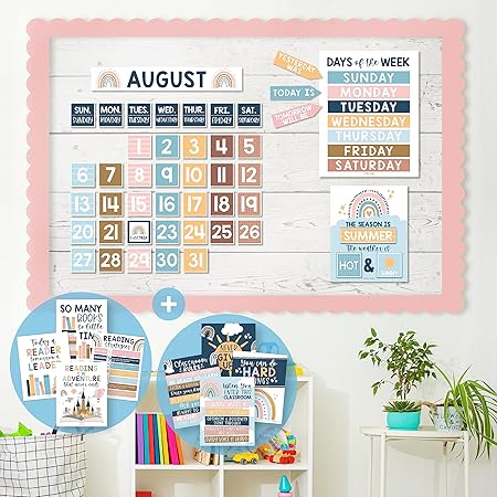 Amazon.com : 1 Boho Rainbow Classroom Calendar Set Bulletin Board Sets ...