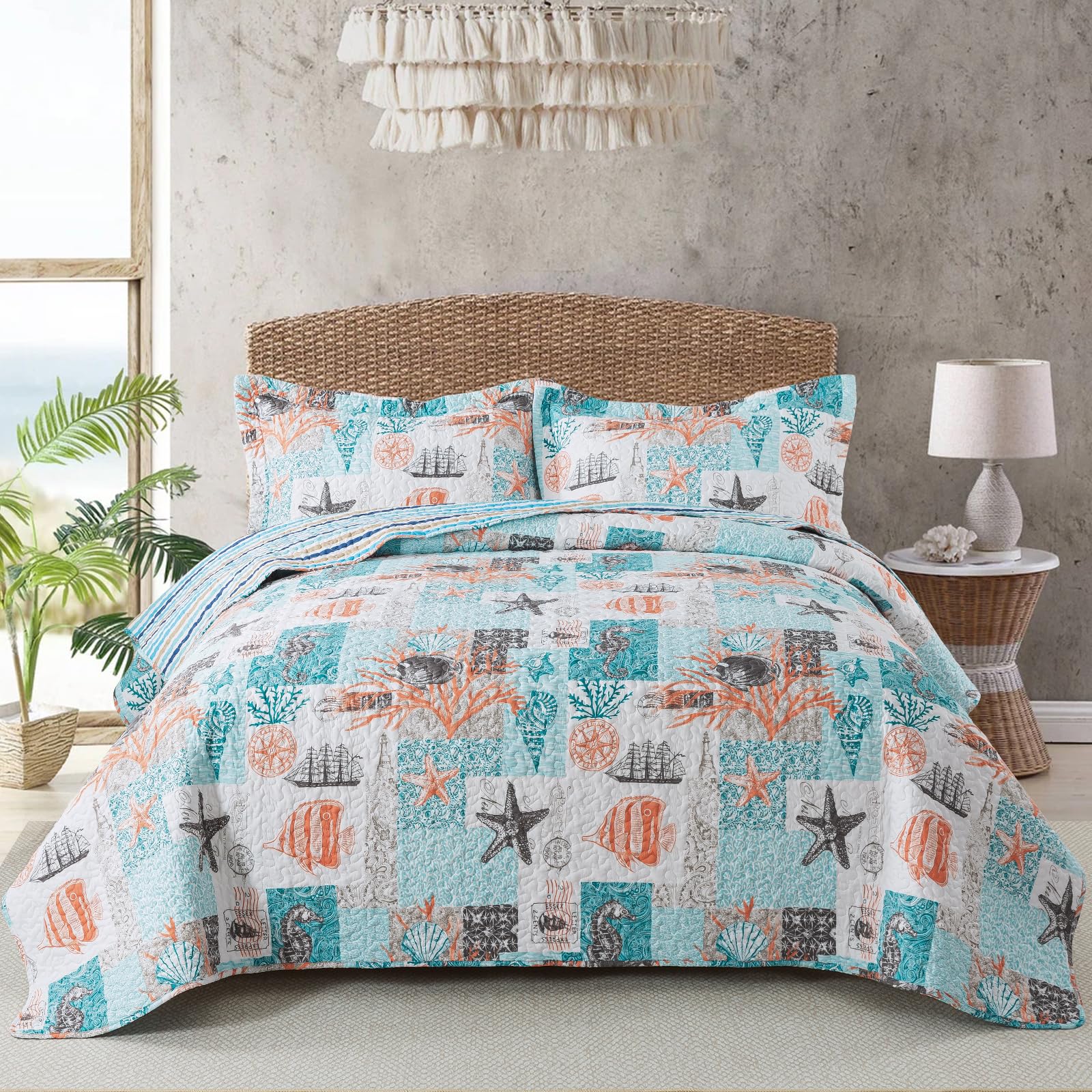 Beachy Quilts Pebble Beach 7 Pc Coastal Comforter Bed Set By Madison
