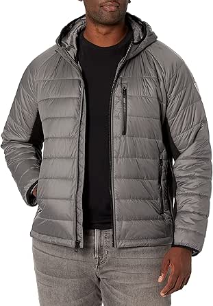GUESS Men's Hooded Puffer with Side Stretch Panels Jacket, Light Grey ...