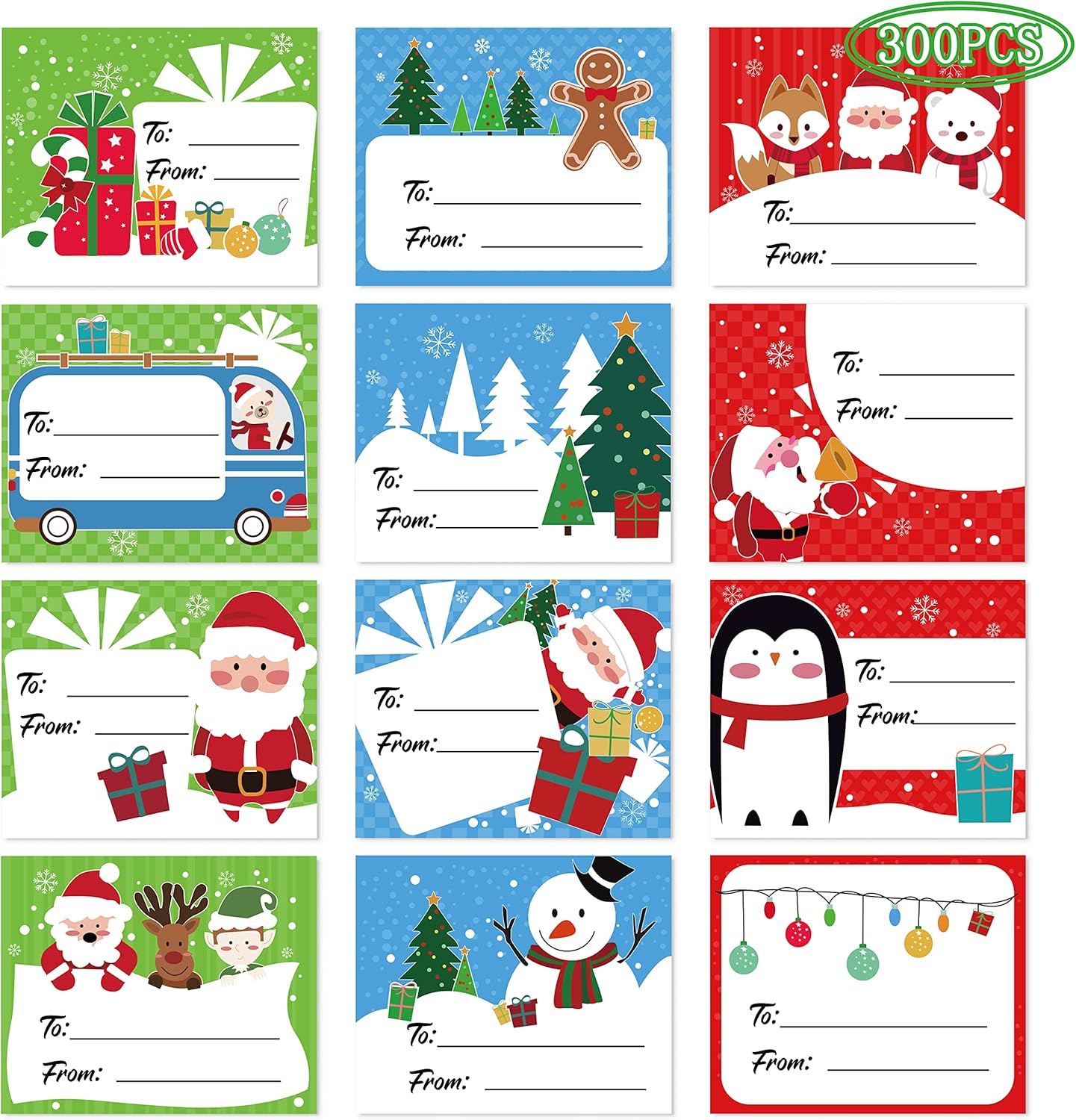 Amazon.com: 300 Pcs Christmas Tags Gift Labels Stickers-Santa/Snowman ...