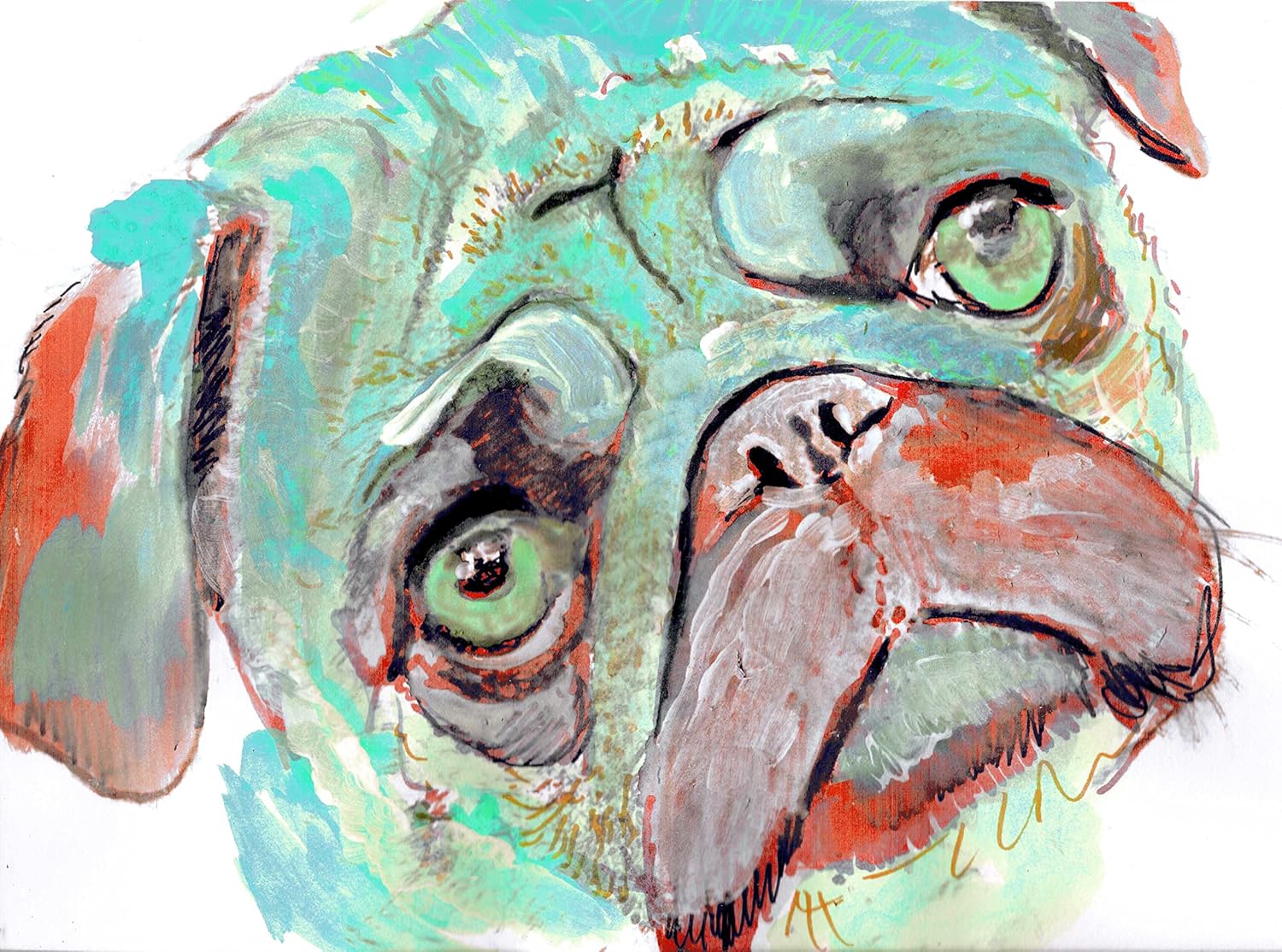 Amazon.com: Colorful Pug Art Print, Blue, Aqua Pug Watercolor, Pug Mom ...