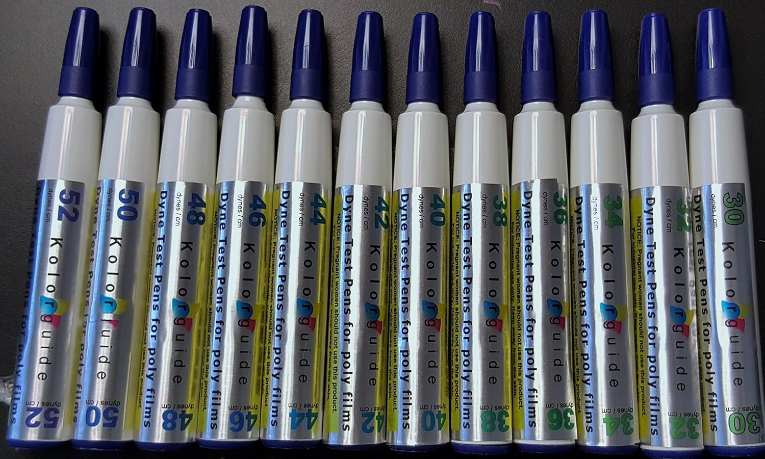 Kolorguide Dyne Testing Markers - Pack of 12 pens, Range of 30-52 dynes ...