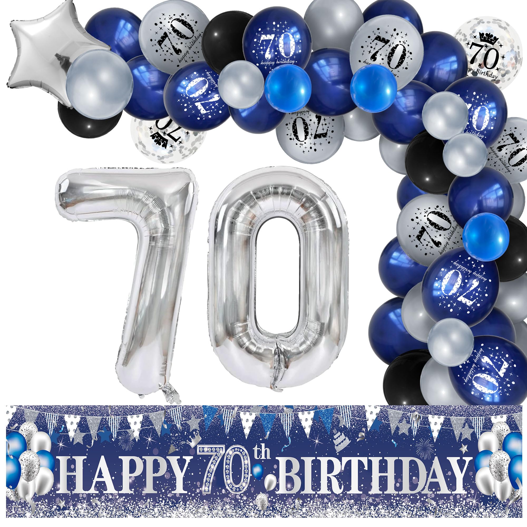 Amazon.com: Navy Blue 70th Birthday Party Decorations Silver Happy 70th ...