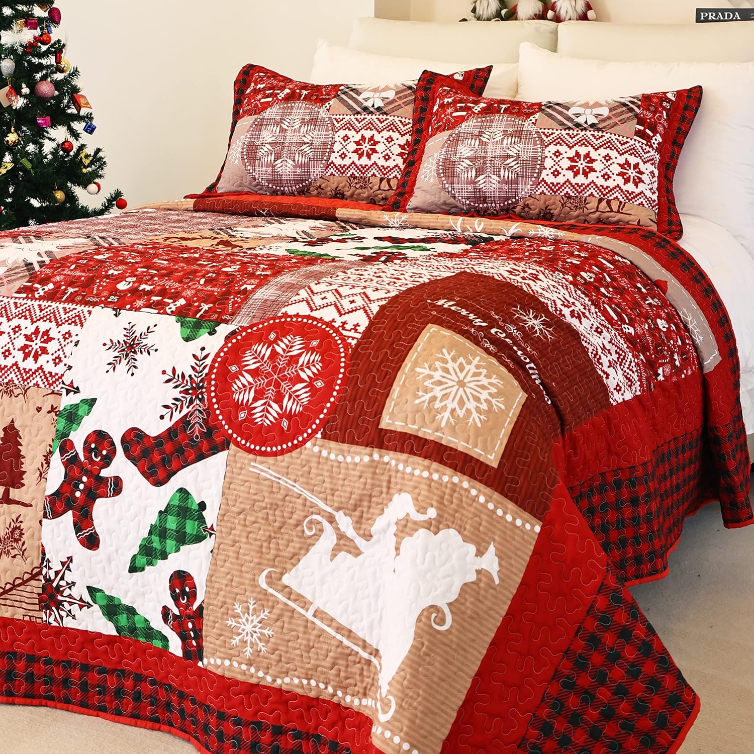 Amazon.com: Christmas Bedspread King Size,Red Lightweight Quilt Set ...