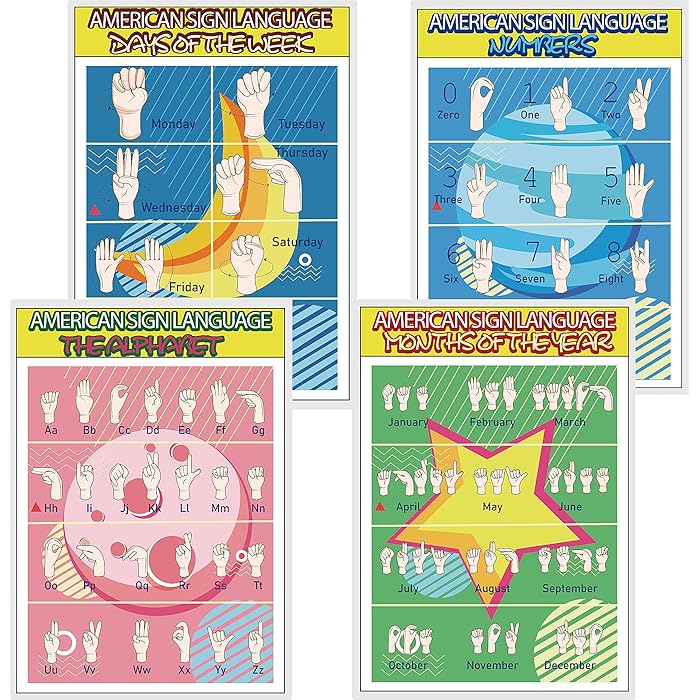 Buy 4 ASL Kids Sign Language Posters for Classroom, American Sign ...