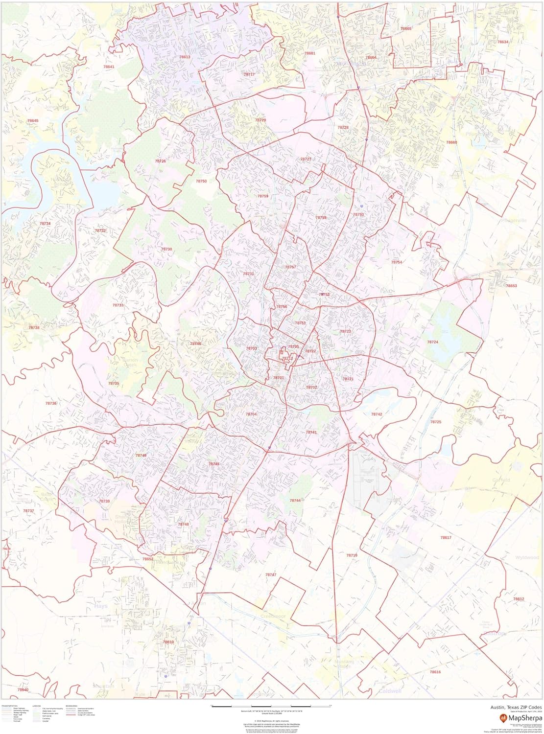 Amazon.com : Austin, Texas Zip Codes - 36" x 48" Laminated Wall Map ...