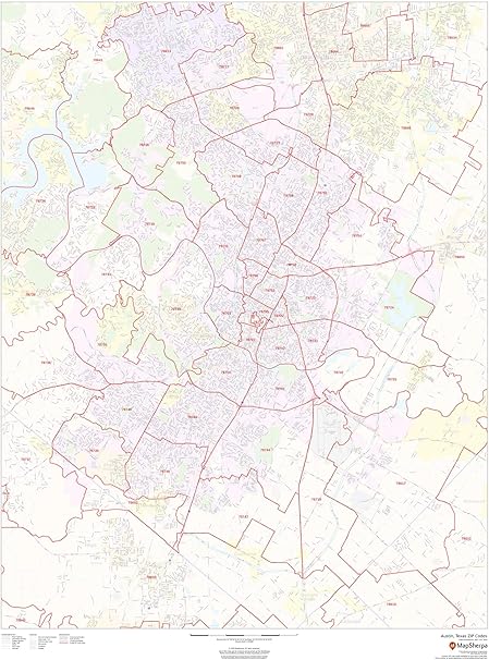 Amazon.com : Austin, Texas Zip Codes - 36" x 48" Matte Plastic Wall Map ...