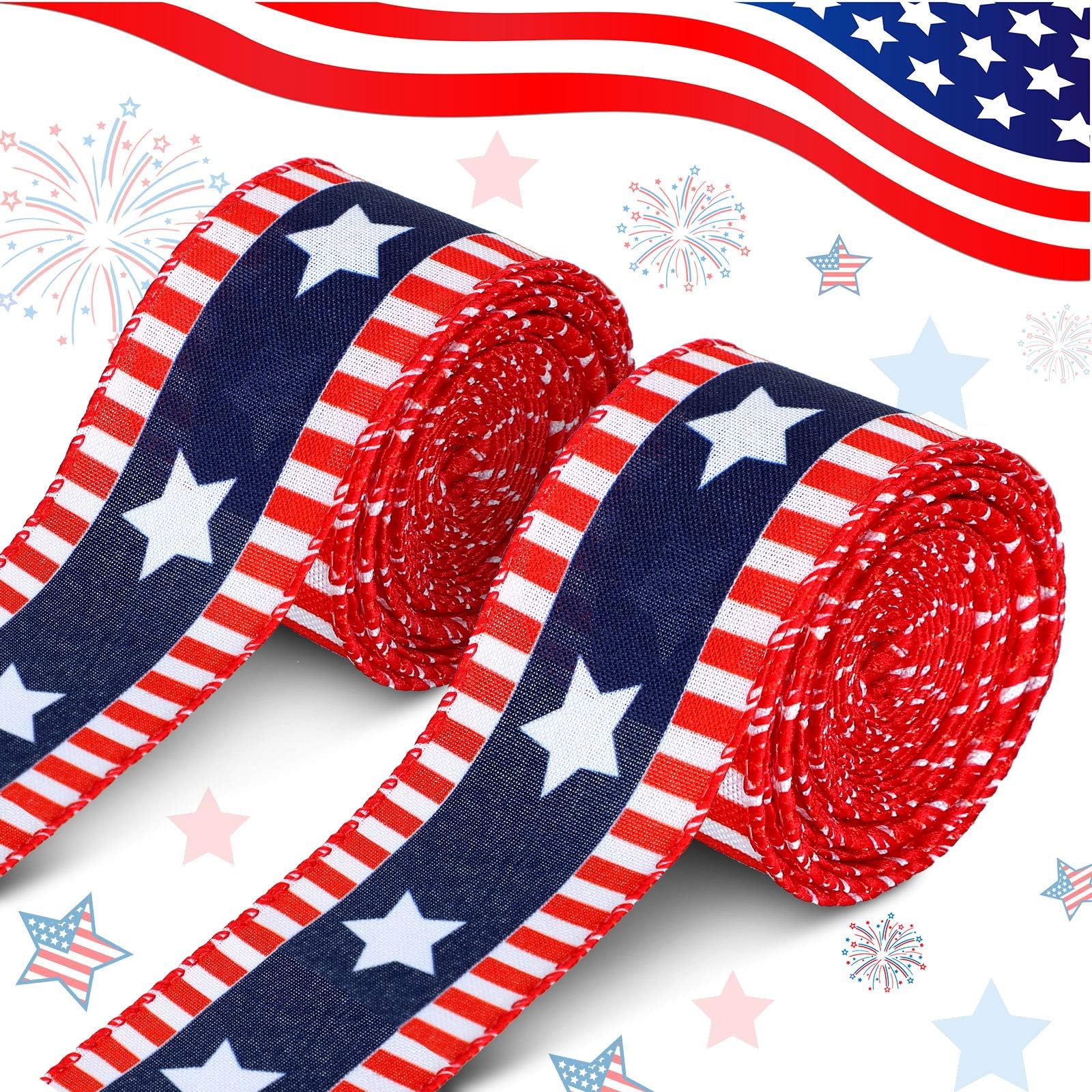 Amazon.com: 2 Rolls Patriotic Wired Edge Ribbon Stars and Stripes ...