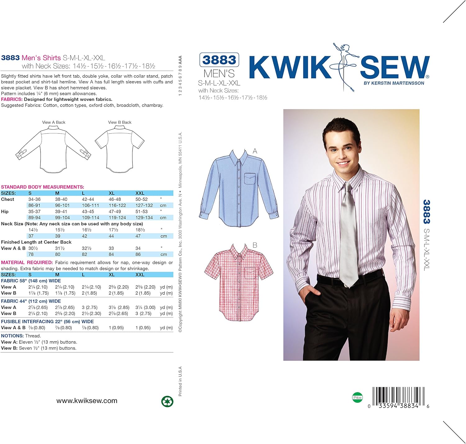 Amazon.com: Kwik Sew K3883 Shirts Sewing Pattern, Size S-M-L-XL-XXL ...