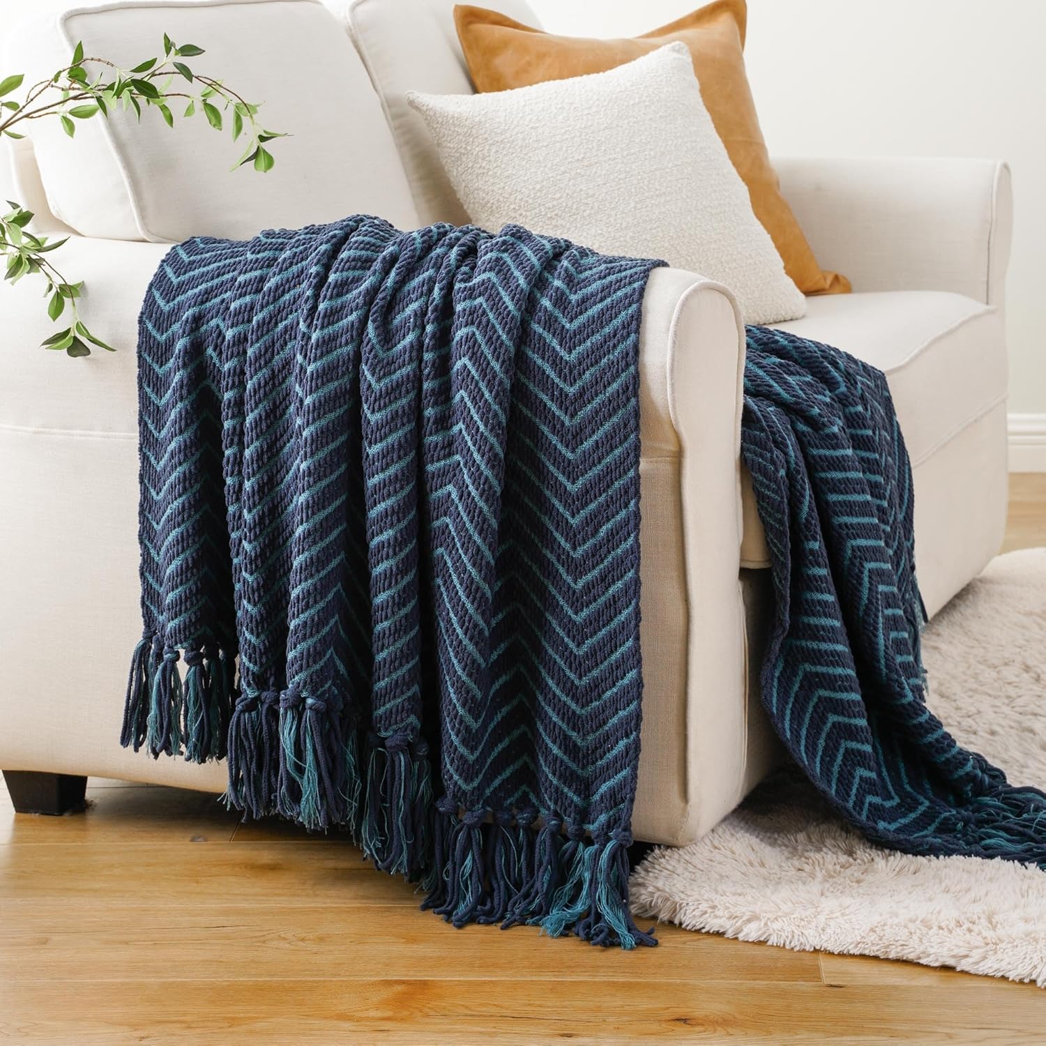 BATTILO HOME Navy Blue Throw Blanket for Couch, Boho Decorative Knitted ...