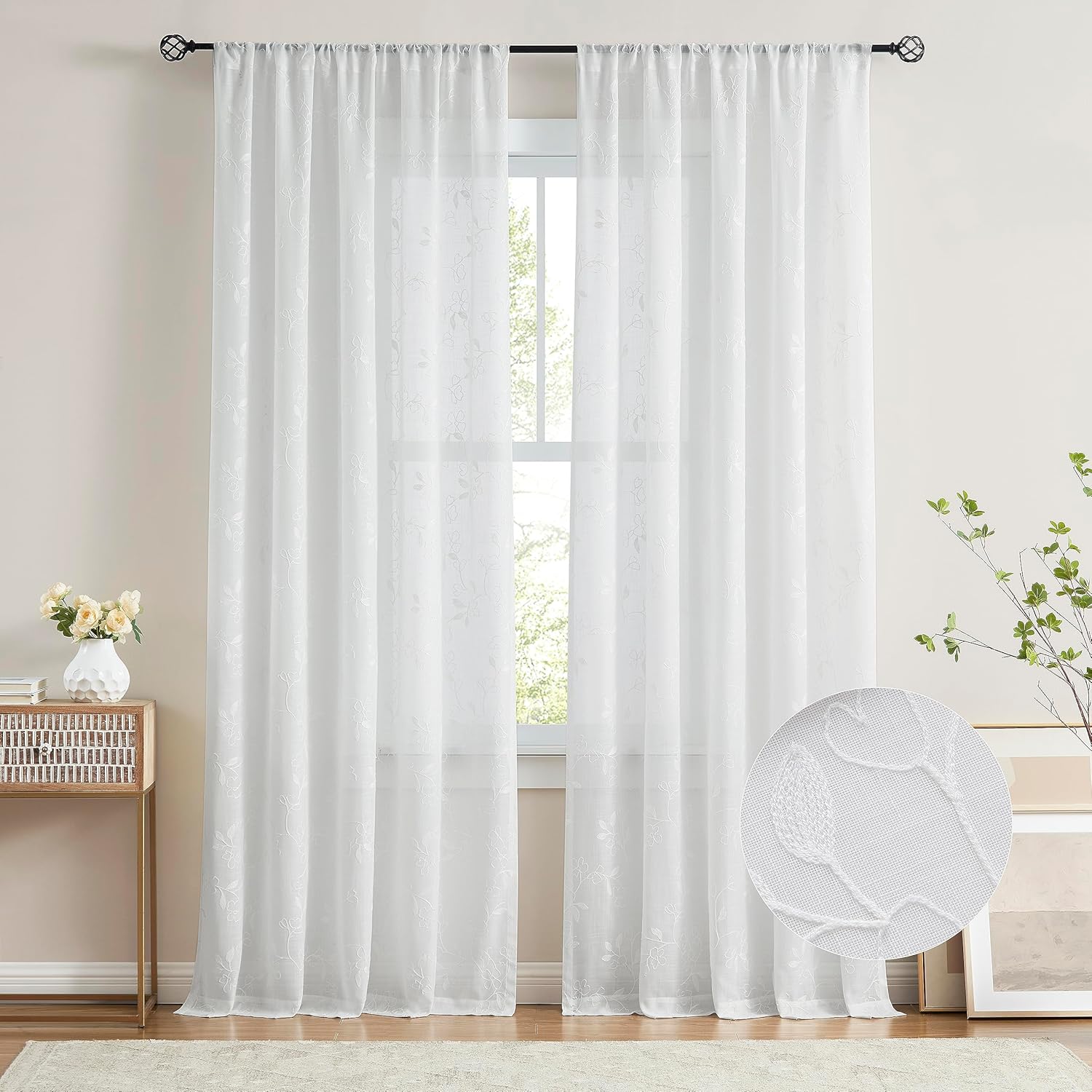 Amazon.com: Vision Home Floral White Sheer Curtains 84 inch Embroidery ...