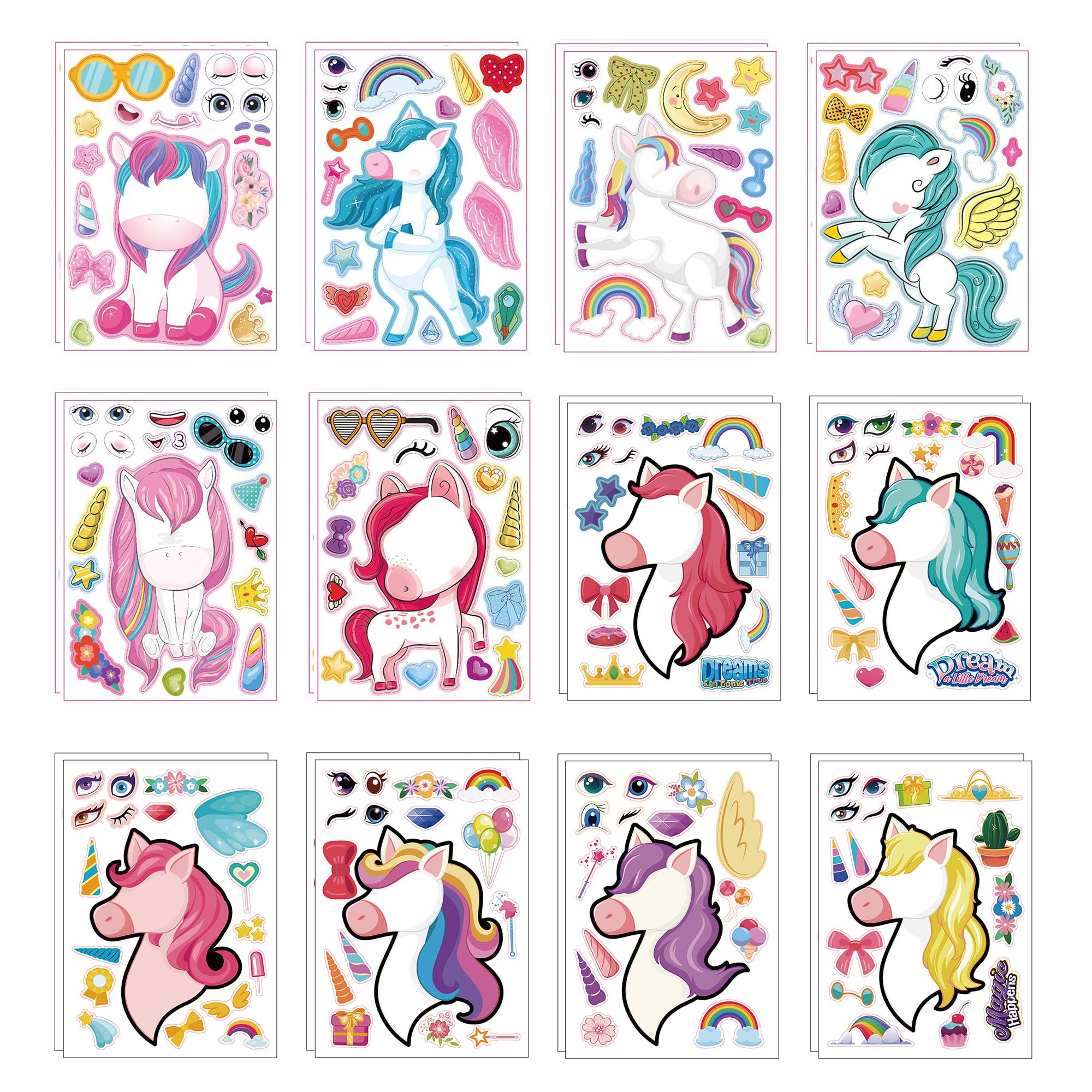 24 Sheets Unicorn Stickers, Make a Face Sticker Make Your Own Unicorn ...