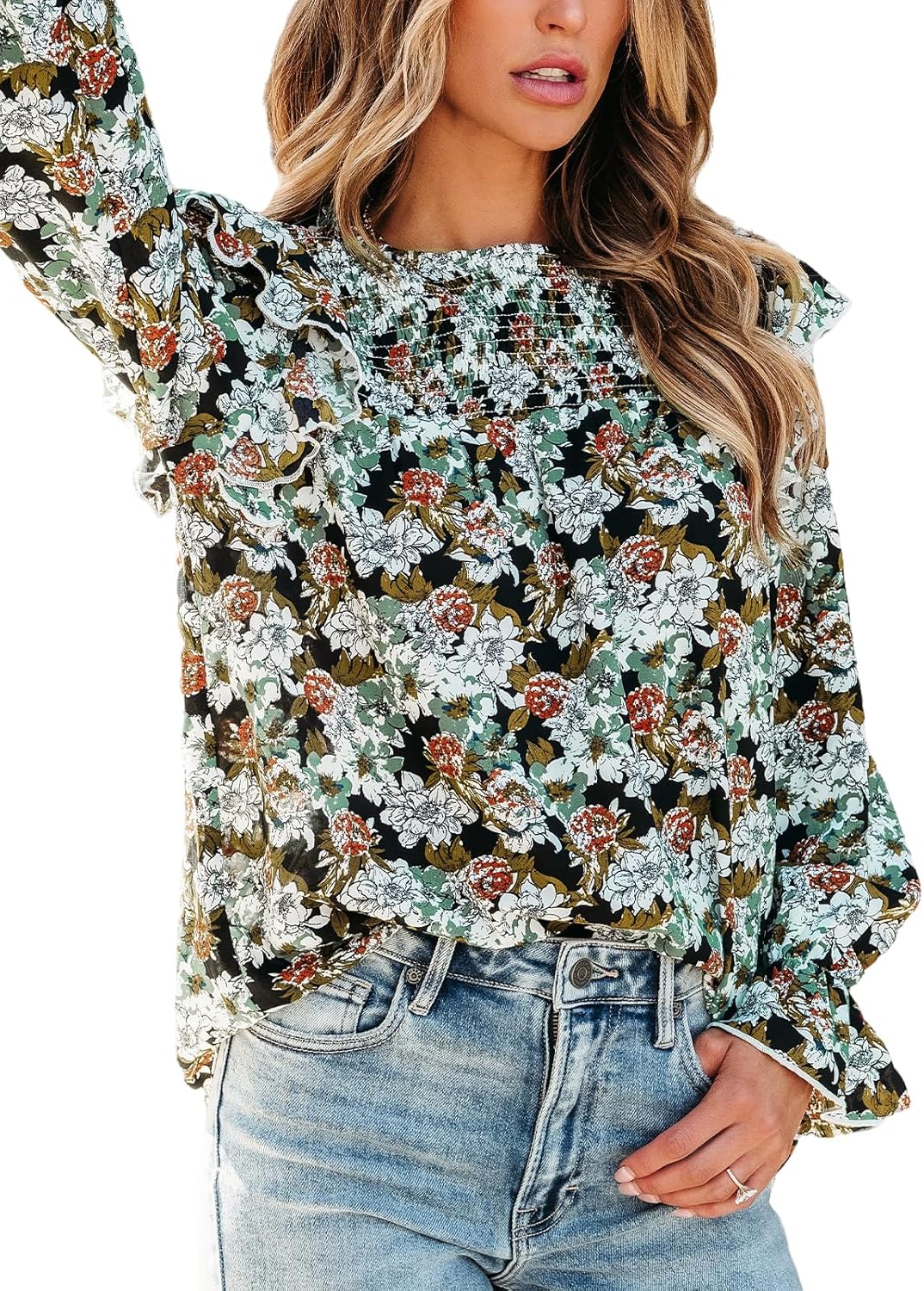 CUPSHE Women Blouses Floral Print Smocked Trumpet Sleeve Tops Long ...