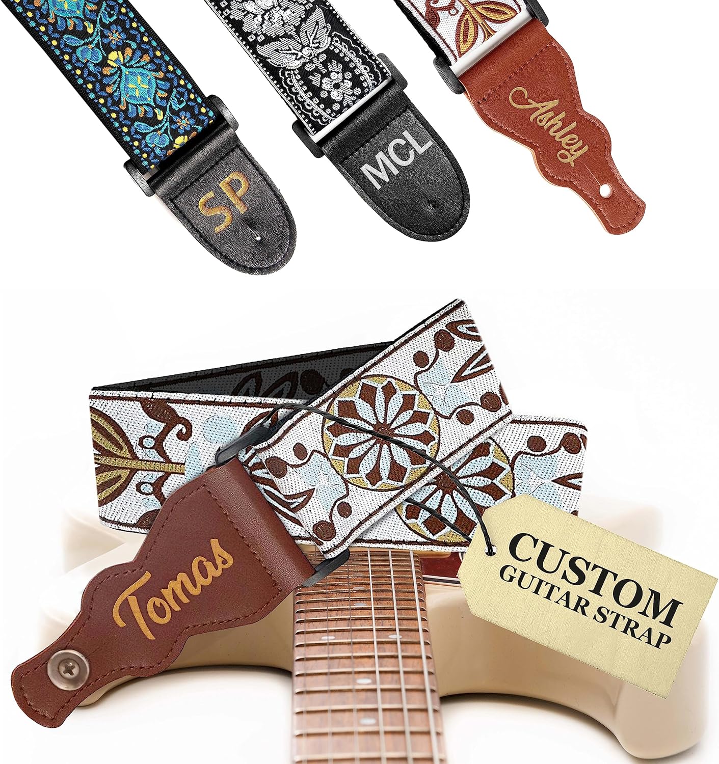 Amazon.com: Personalized Guitar Strap White Vintage , including - 2 ...
