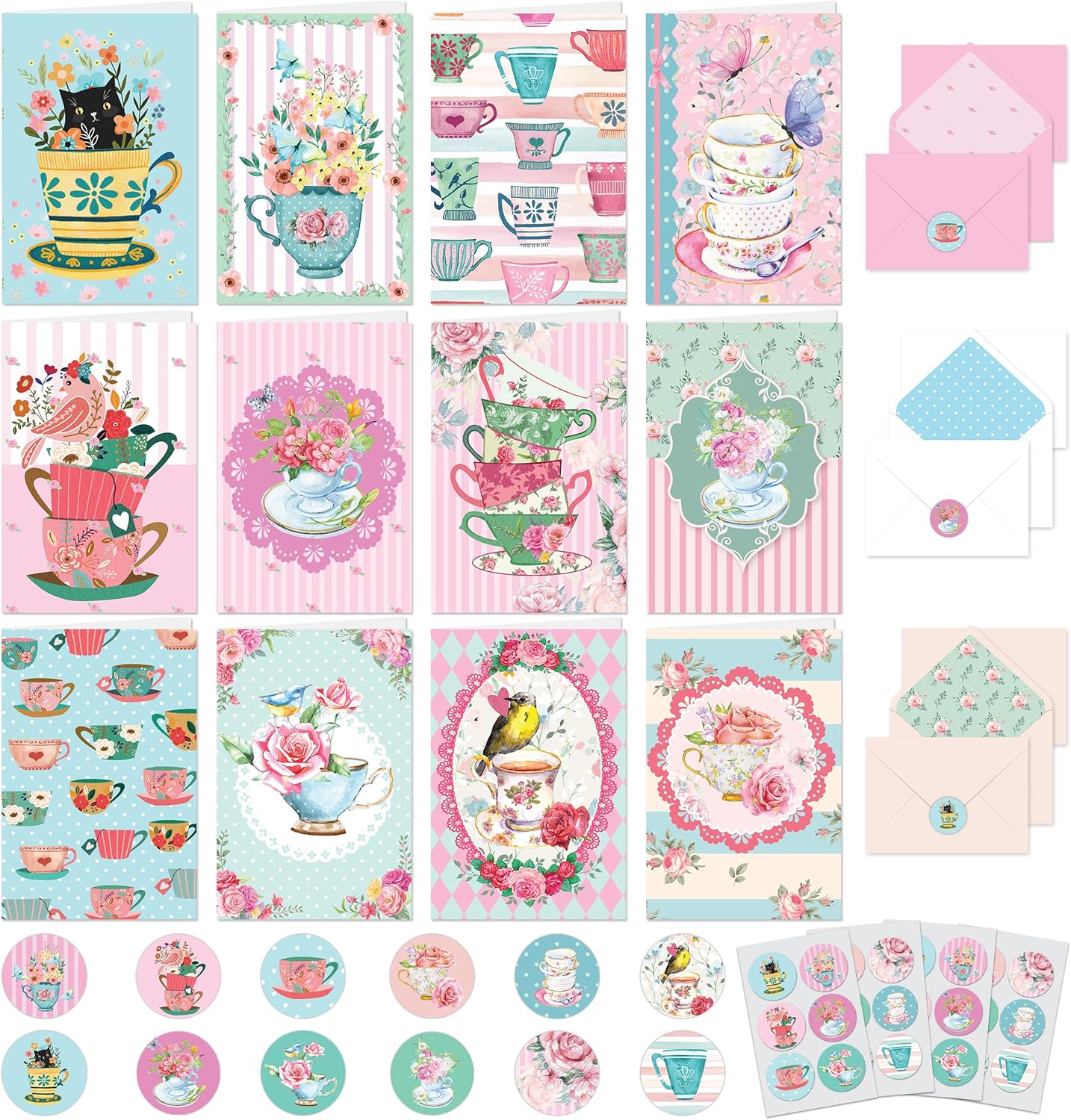 Amazon.com : Decorably 24 Pack 4x6in Teacup Notecards with Envelopes ...