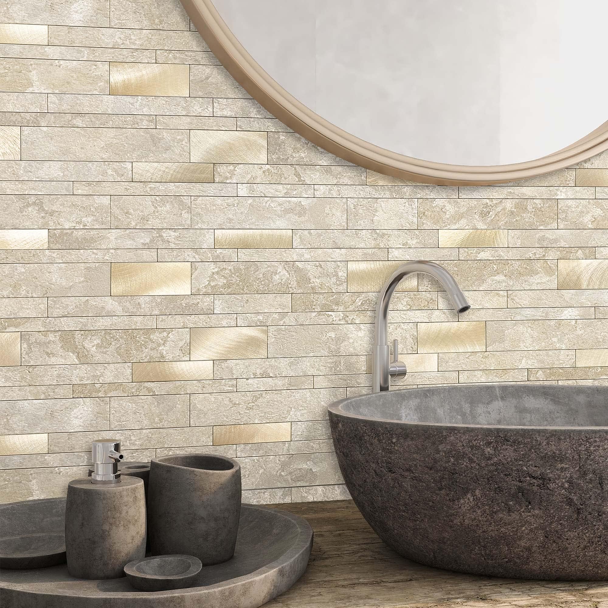 KASARO Peel and Stick Backsplash Tiles with Golden Embellished Stripes ...