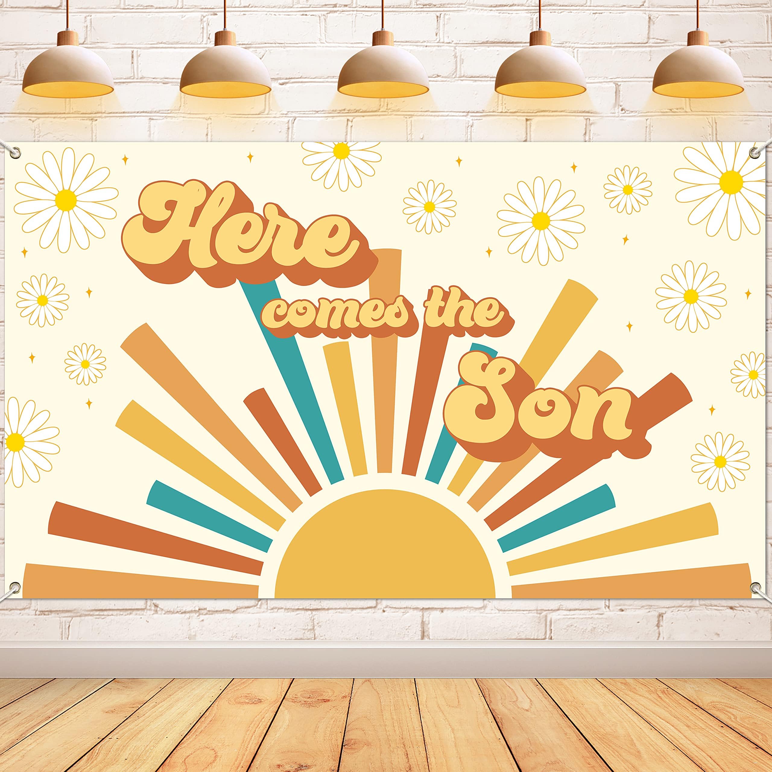 Amazon.com : Here Comes The Son Baby Shower Backdrop Retro Sunshine ...