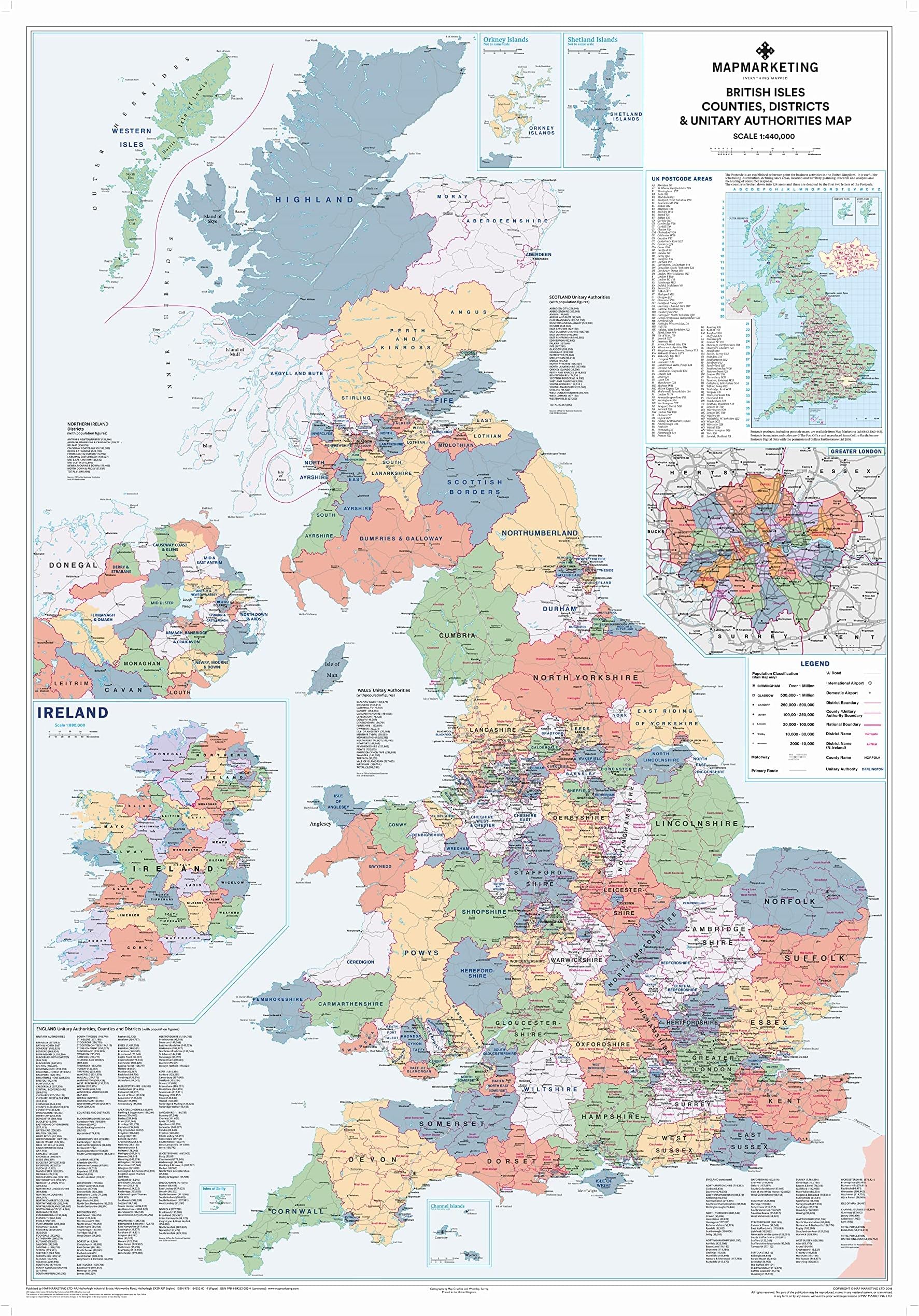 UK Wall Map – Laminated Large Map - Counties, District and Unitary Authority Boundaries | Local ...