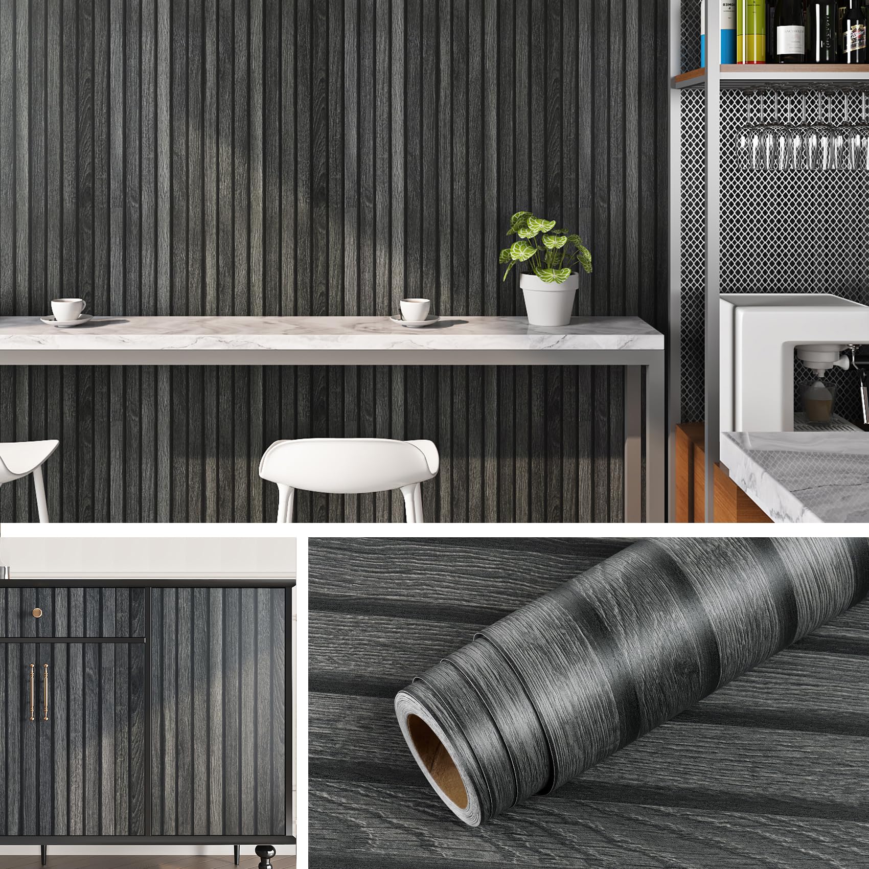 Livelynine Wood Slat Wallpaper Black Self Adhesive Wallpaper Wooden ...