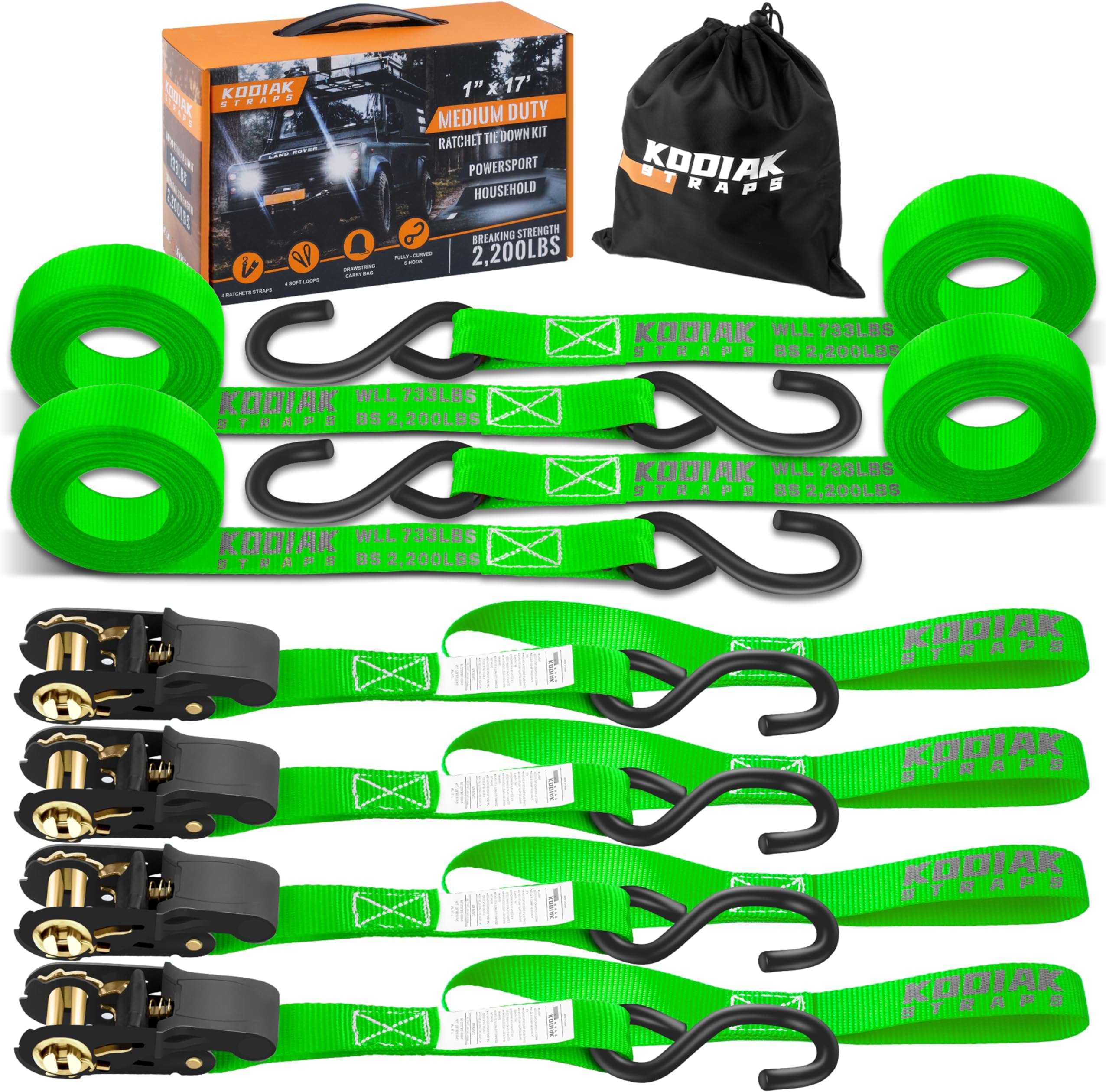Amazon.com: KODIAK STRAPS Ratchet Straps Heavy Duty Tie Down Strap Set ...