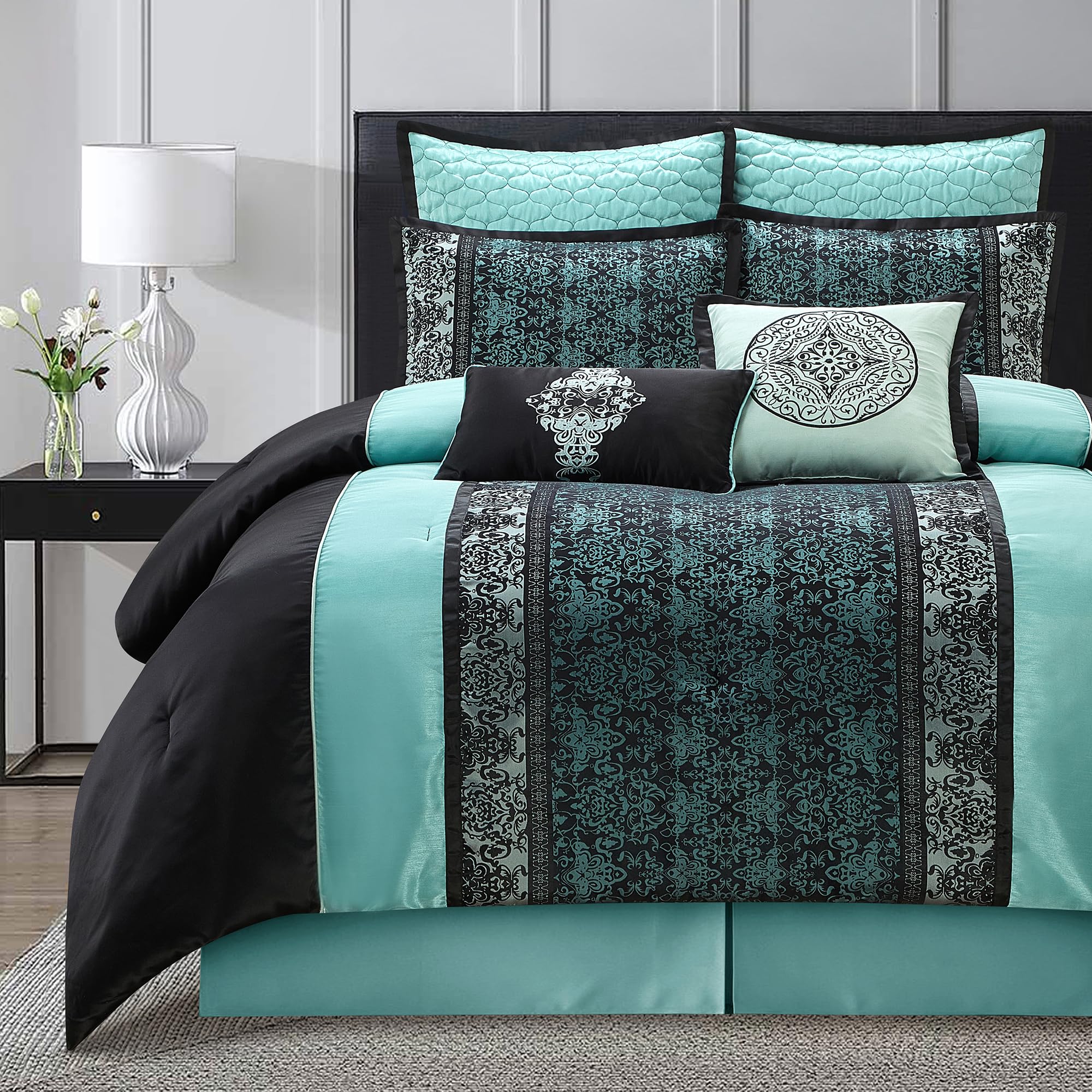 Amazon.com: LANCO MODERN LIFESTYLE King Size Comforter Set, Aqua Black ...