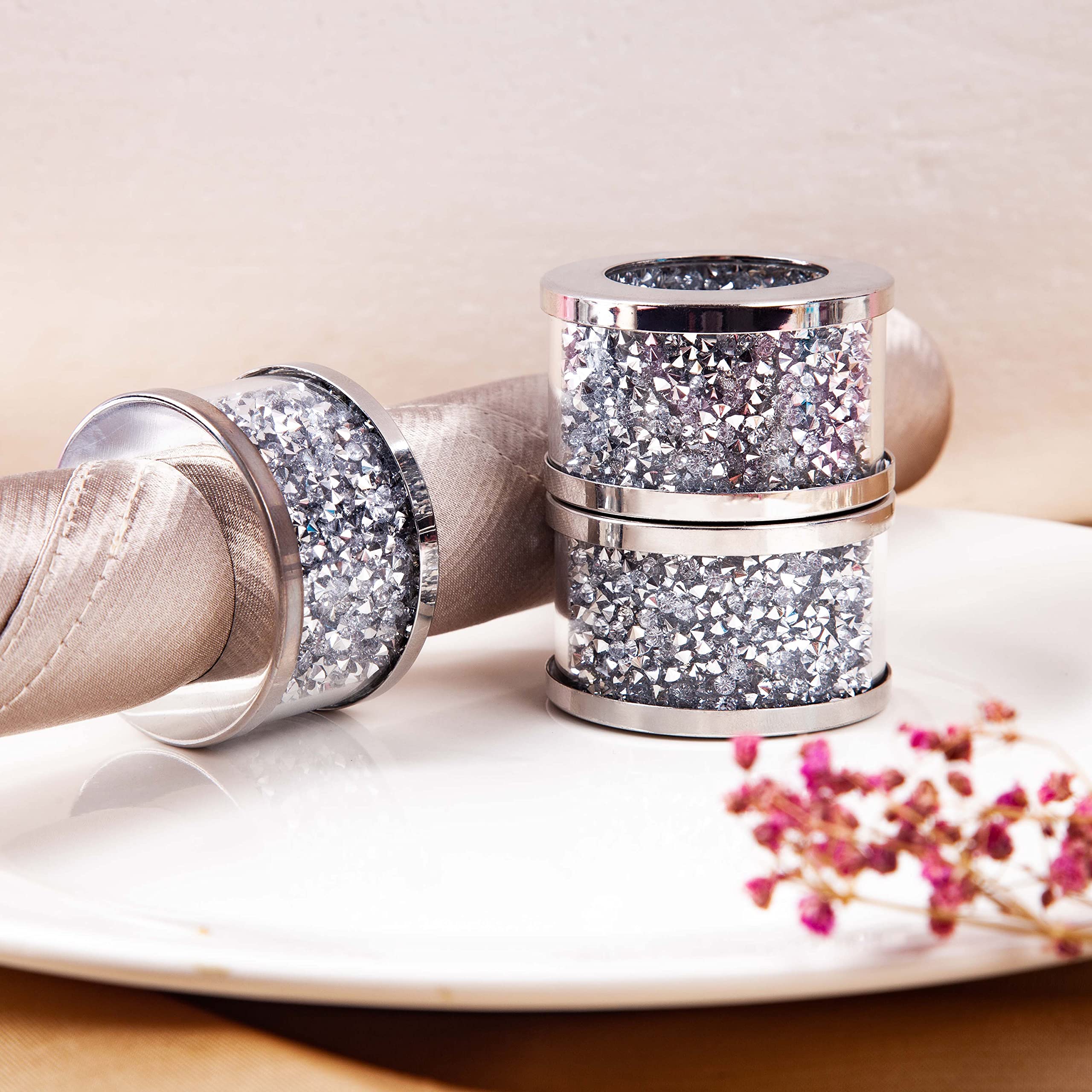 SHYFOY Silver Diamond Napkin Ring Set of 12 Pieces, Crystal Glass ...