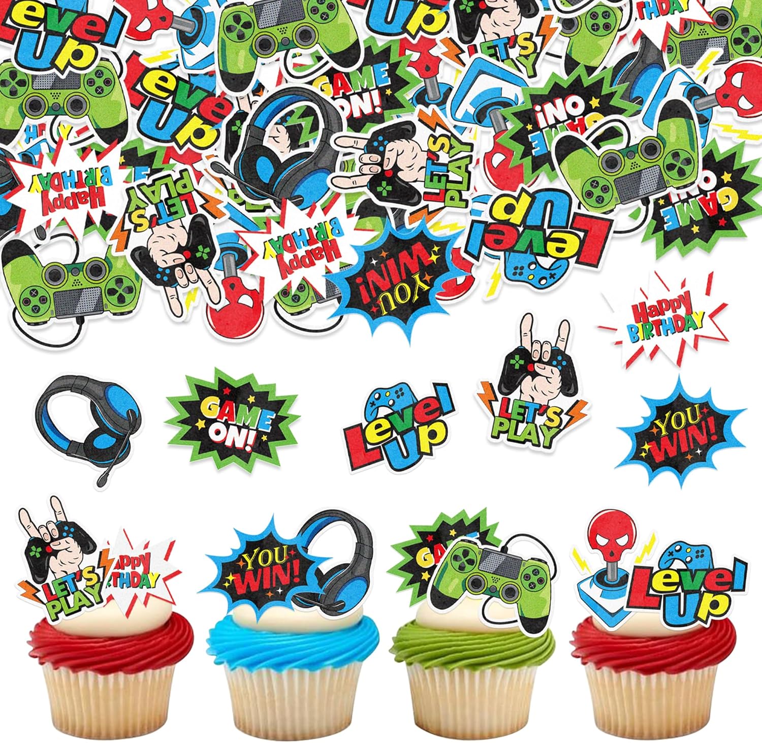 Amazon.com: Ercadio 40 Pack Edible Game Cupcake Toppers Game On Level ...