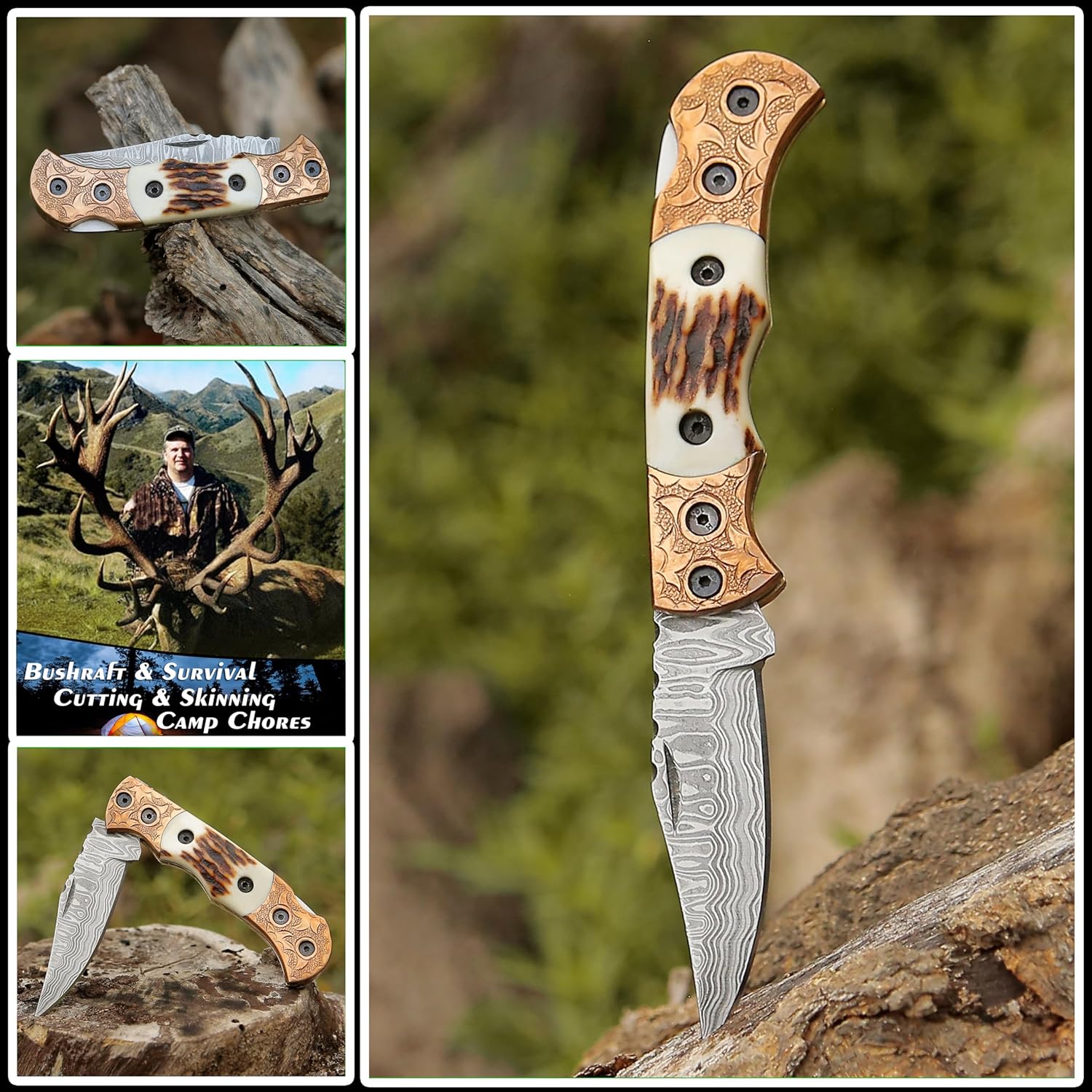 Amazon.com : Folding knife Pocket knife Damascus Steel Blade Back Lock ...