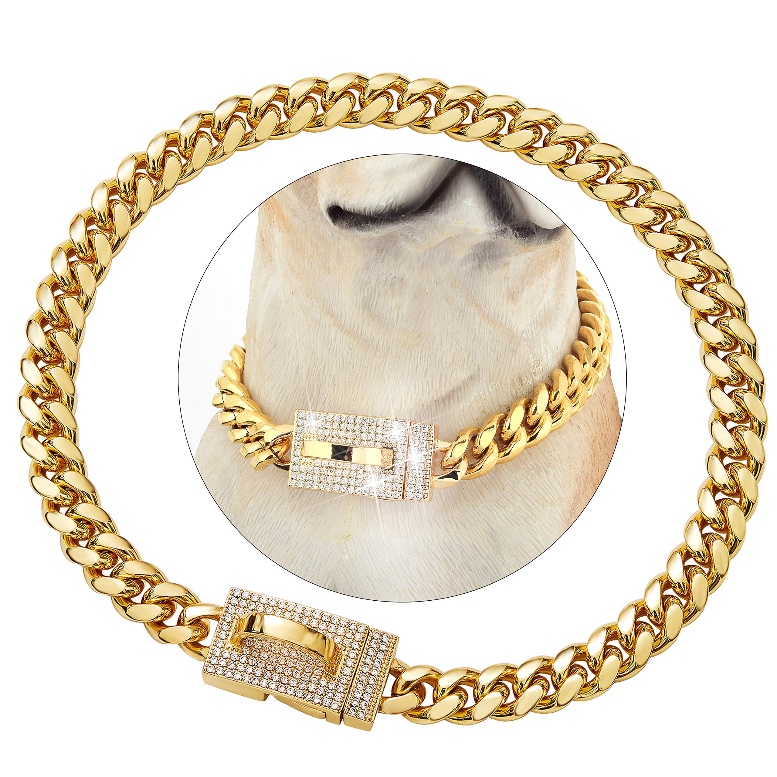 Gold Dog Chain Collar with Cubic Zirconia Design Secure Buckle, 18K ...