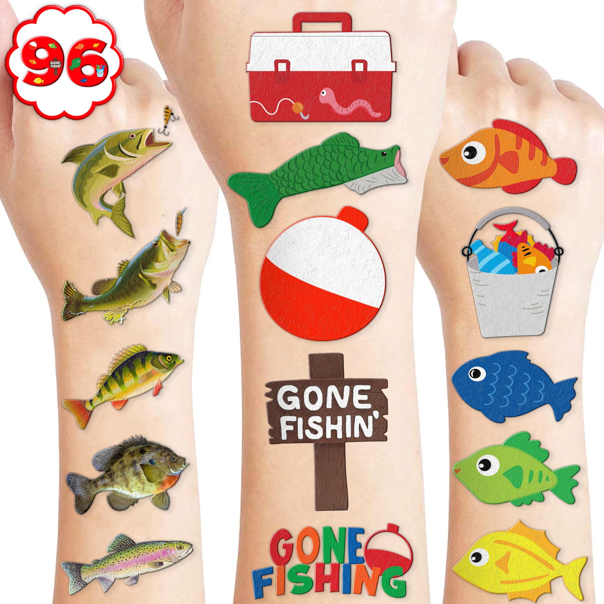 Amazon.com : 96 PCS Gone Fishing Fish Pre-Cut Temporary Tattoos for ...