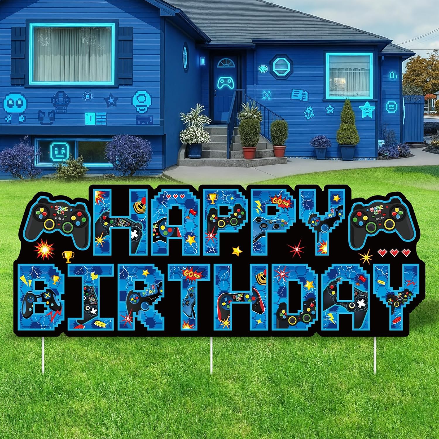 Amazon.com : Video Game Birthday Decorations Yard Sign with Stakes Blue ...