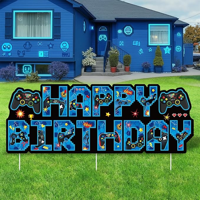 Amazon.com : Video Game Birthday Decorations Yard Sign with Stakes Blue ...