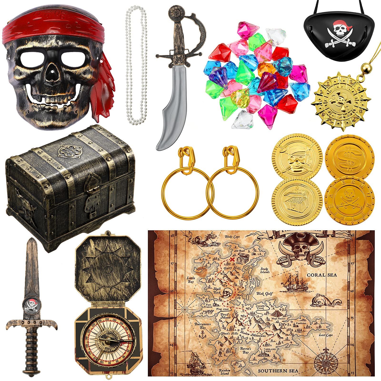 Buy 94 pcs Pirate Costume Accessories Include Pirate Treasure Chest Box ...