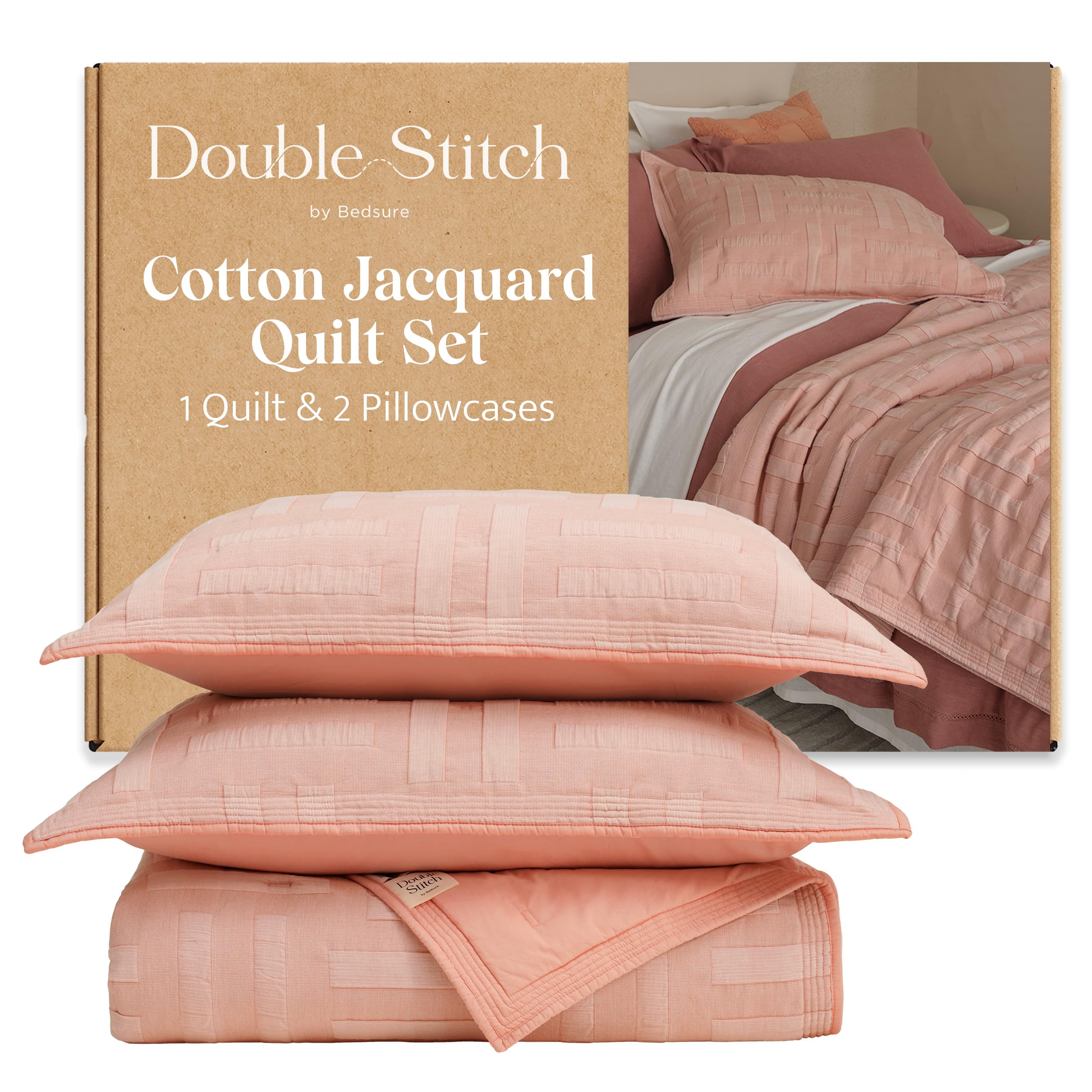 Amazon.com: Double Stitch 100% Cotton Quilt Set Queen - BCI-Certified ...