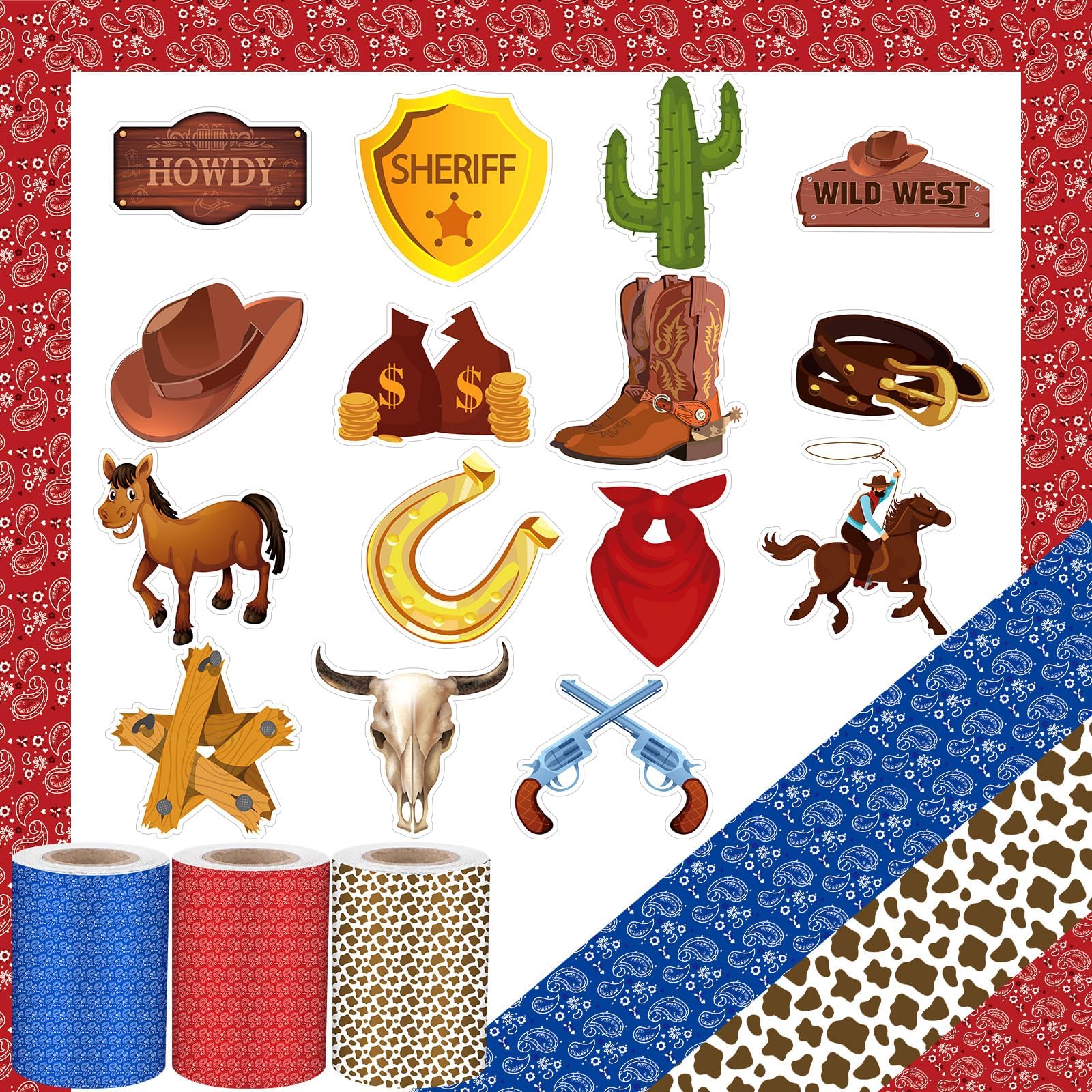 Amazon.com : Resurhang 15 Pcs Western Cowboy Party Cutouts with 3 Roll ...