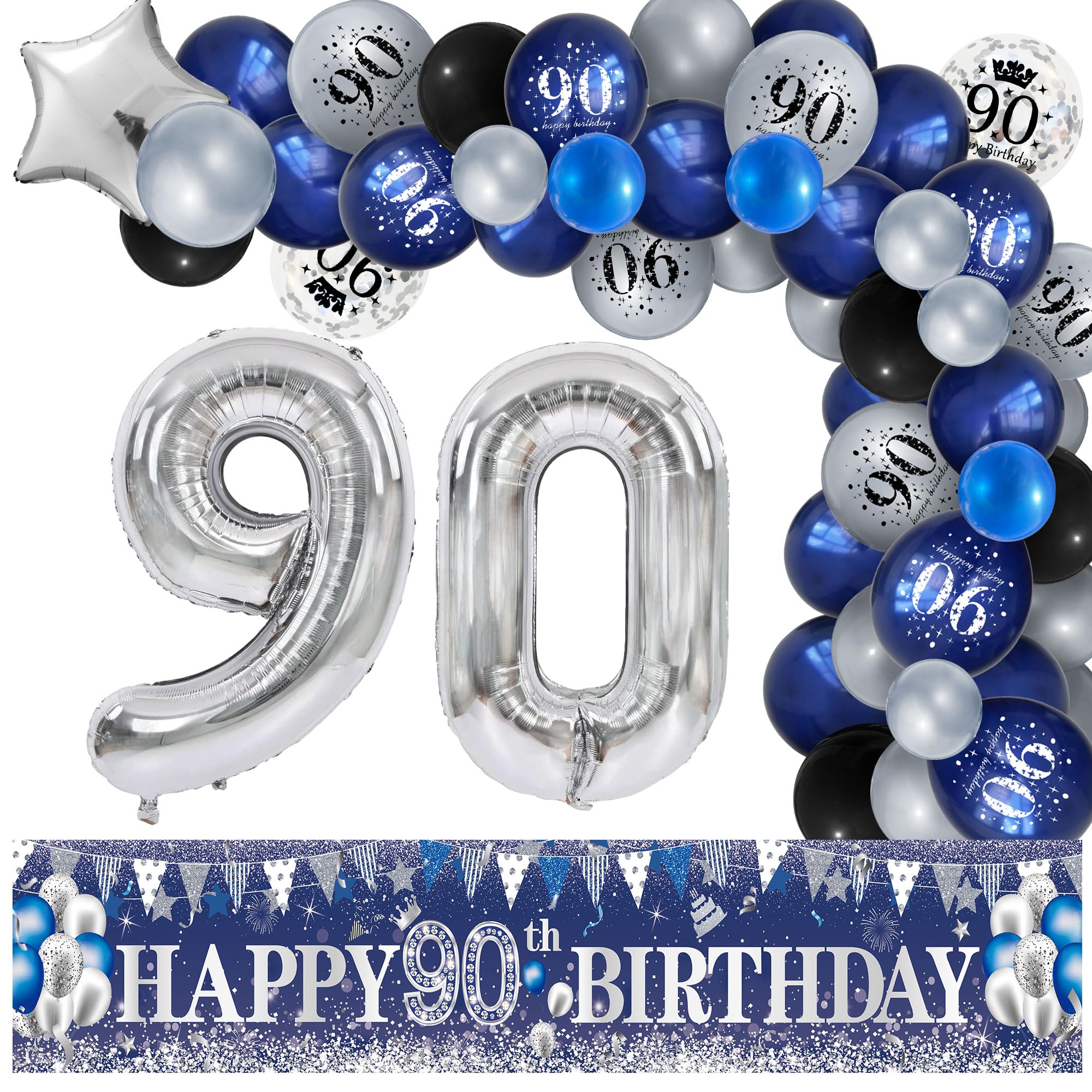 Amazon.com: Navy Blue 90th Birthday Party Decorations Silver Happy 90th ...