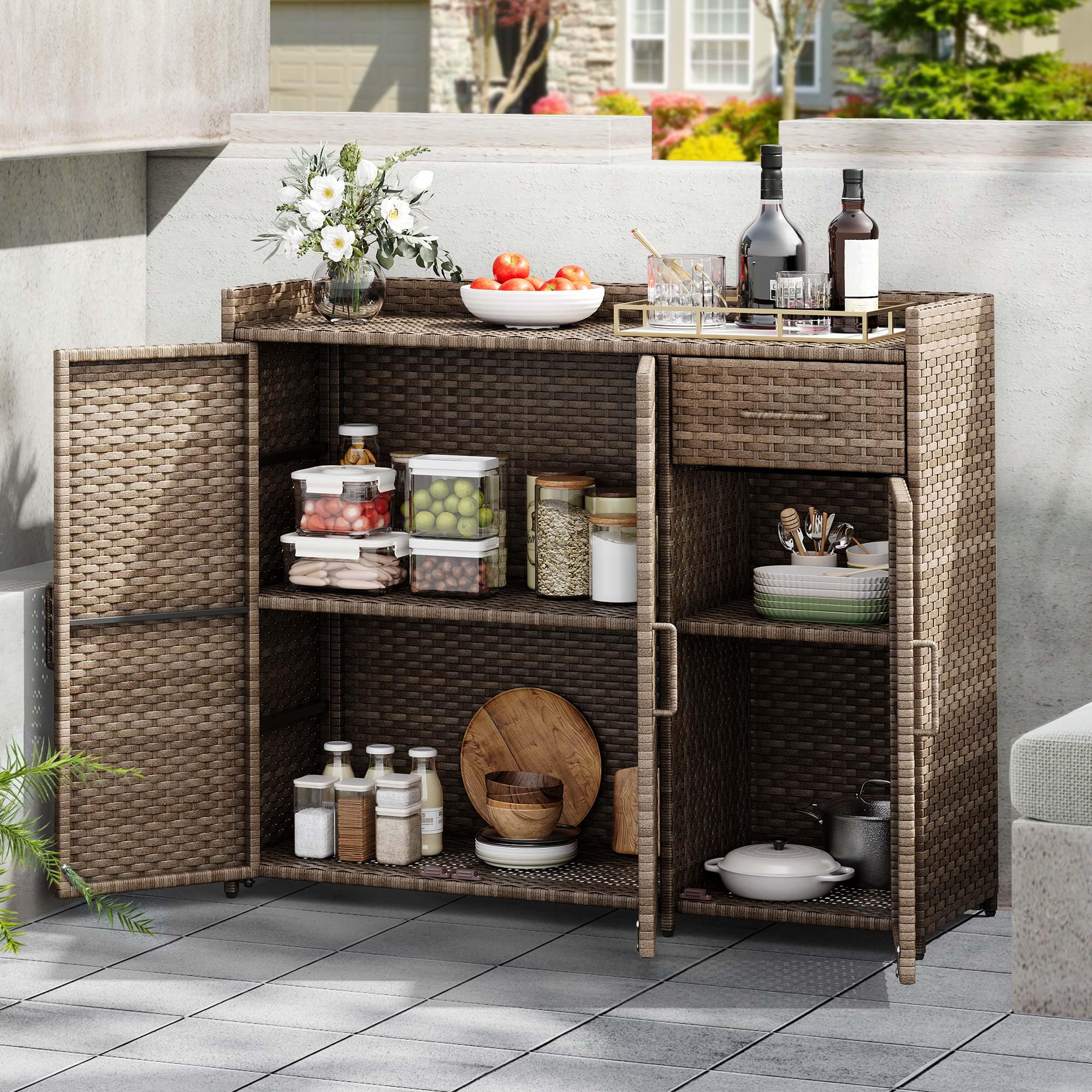 Resin Wicker Storage Cabinet Woven Beige Rattan Storage Cabinet Indoor