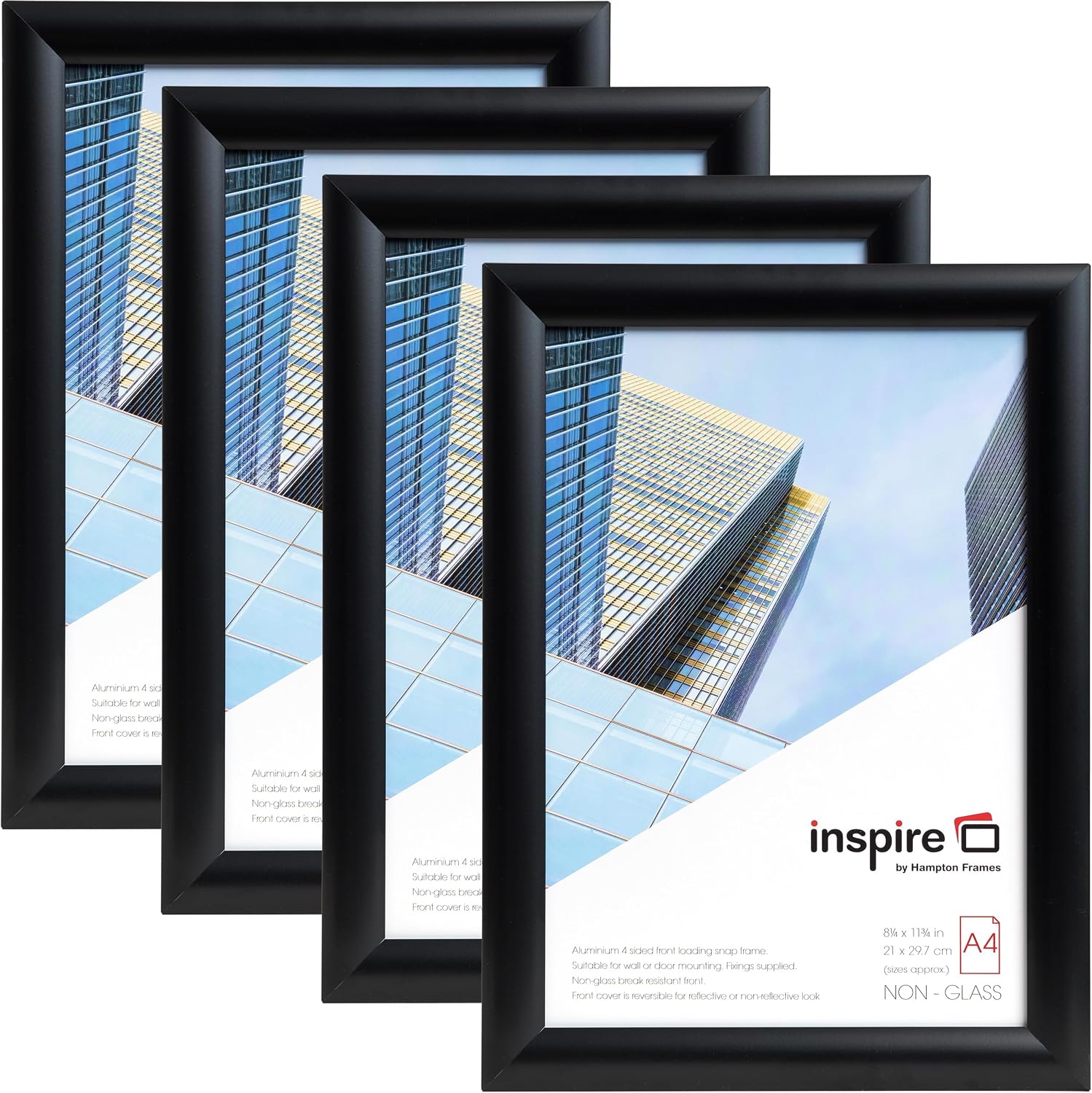 Inspire by Hampton A4 Snap Frame 21x30cm Black Pack of 4, Acrylic Front ...
