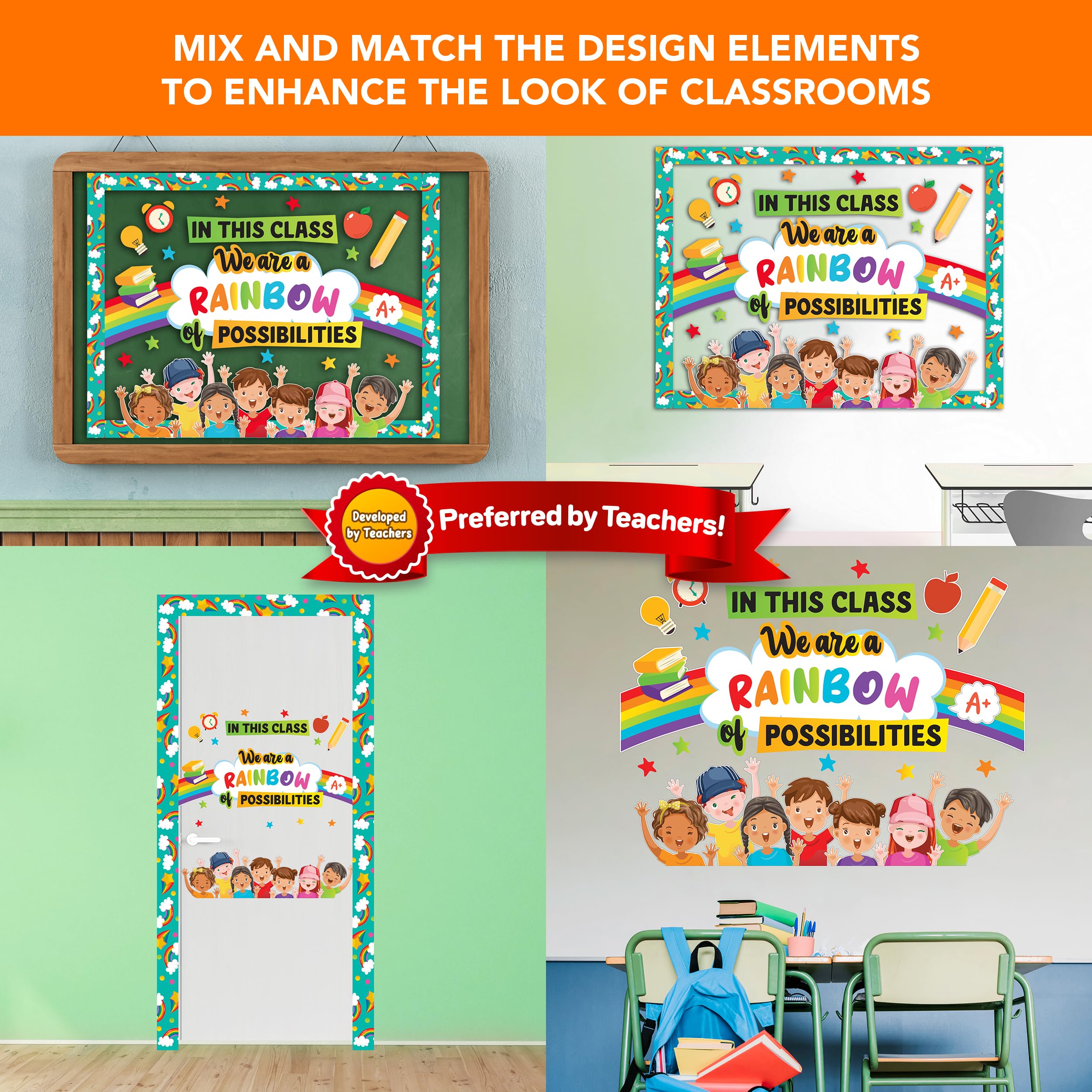 Educational Wall Decor Decorably Rainbow Bulletin Board Set - 64 Pcs ...