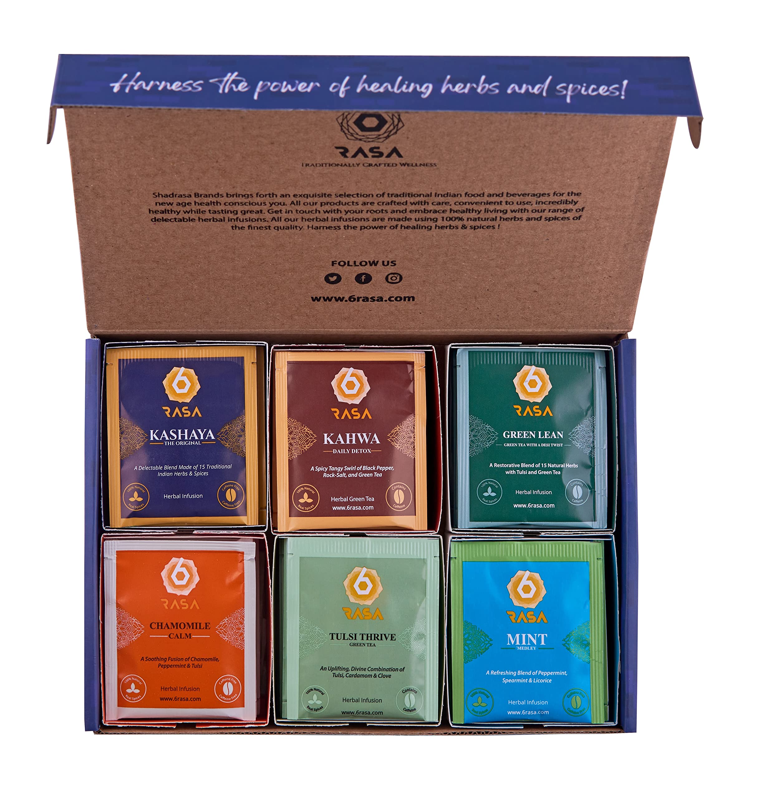6rasa Assorted Herbal Tea&Green Tea Selection Box 6 Flavors,30 Tea Bags ...