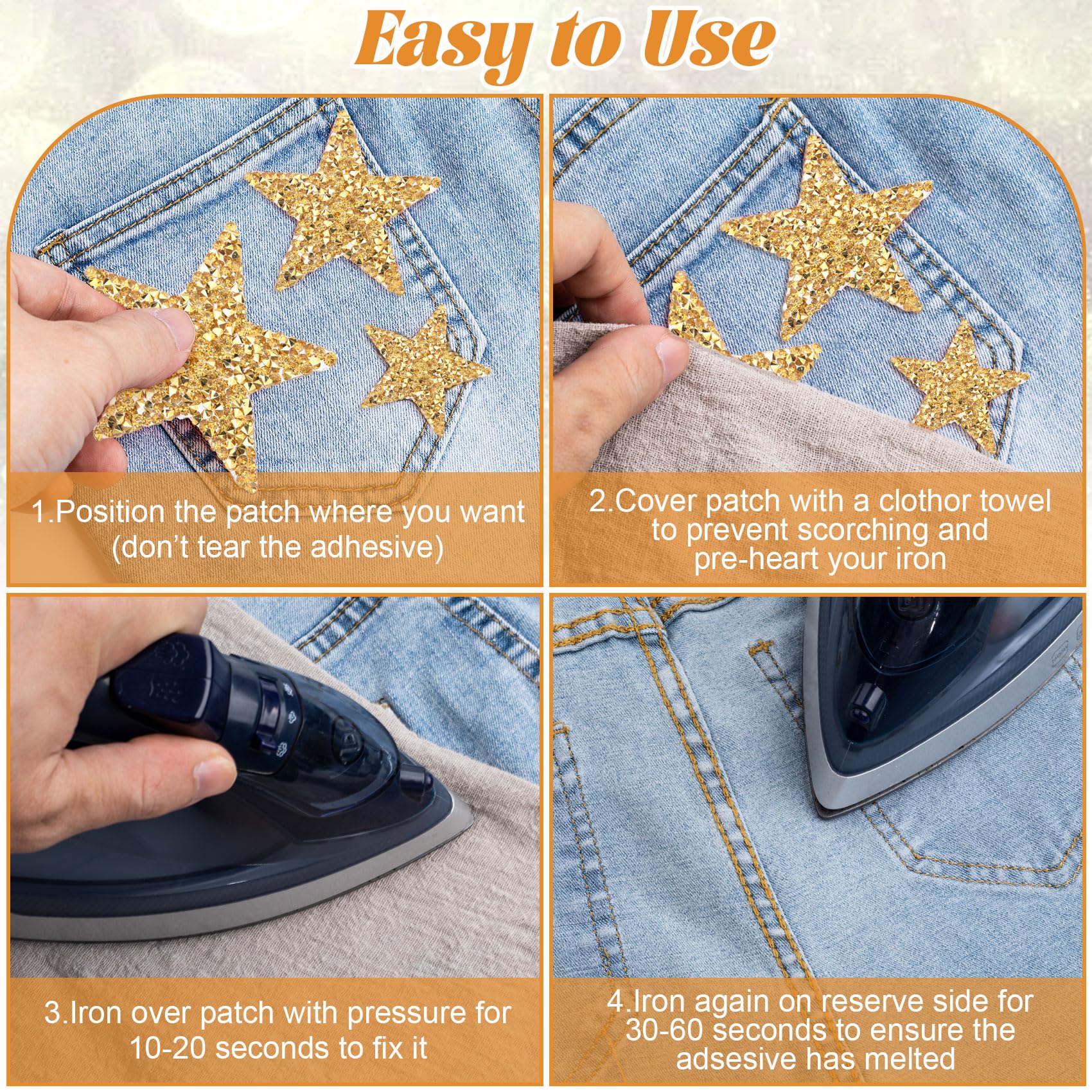 Snapklik.com : 6pcs Gold Star Iron On Patches, 3 Sizes Glitter ...