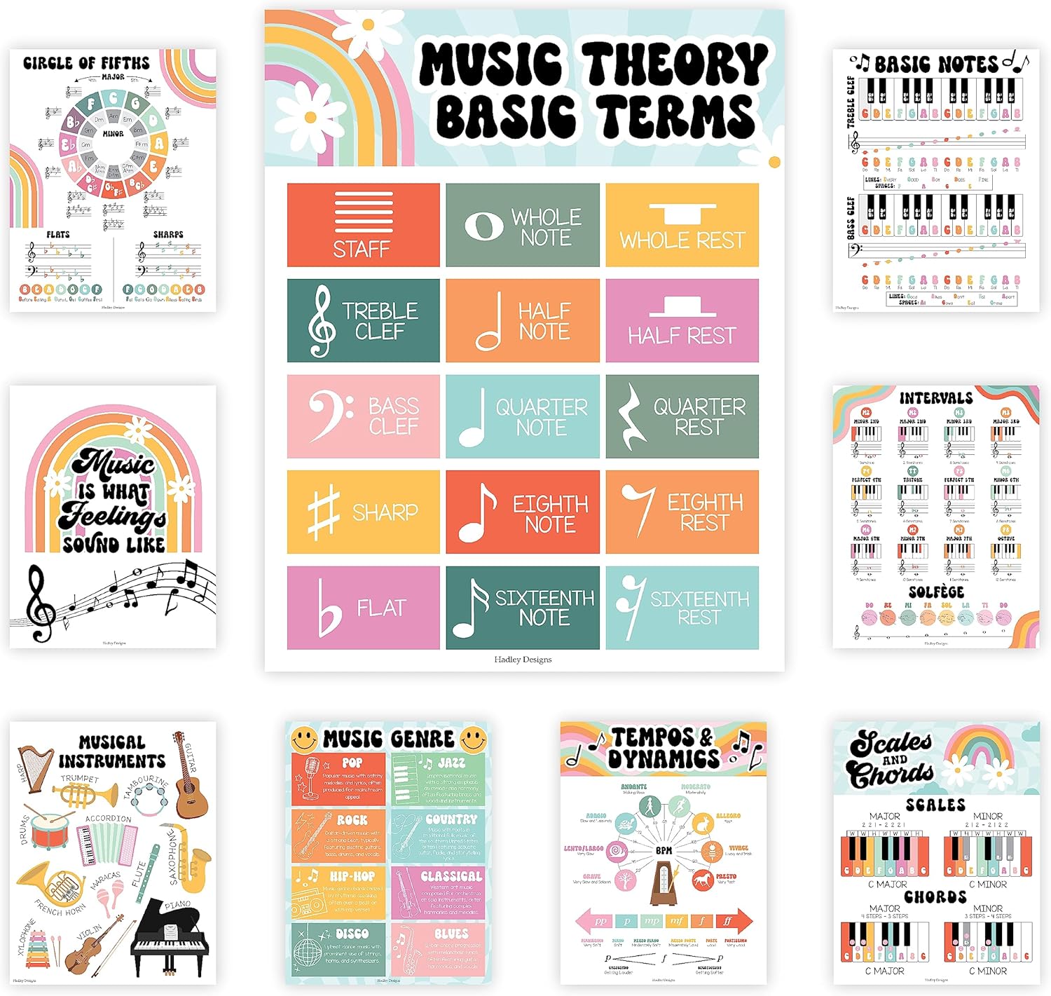 Hadley Designs Music Classroom Posters Set - 9 Colorful Educational ...