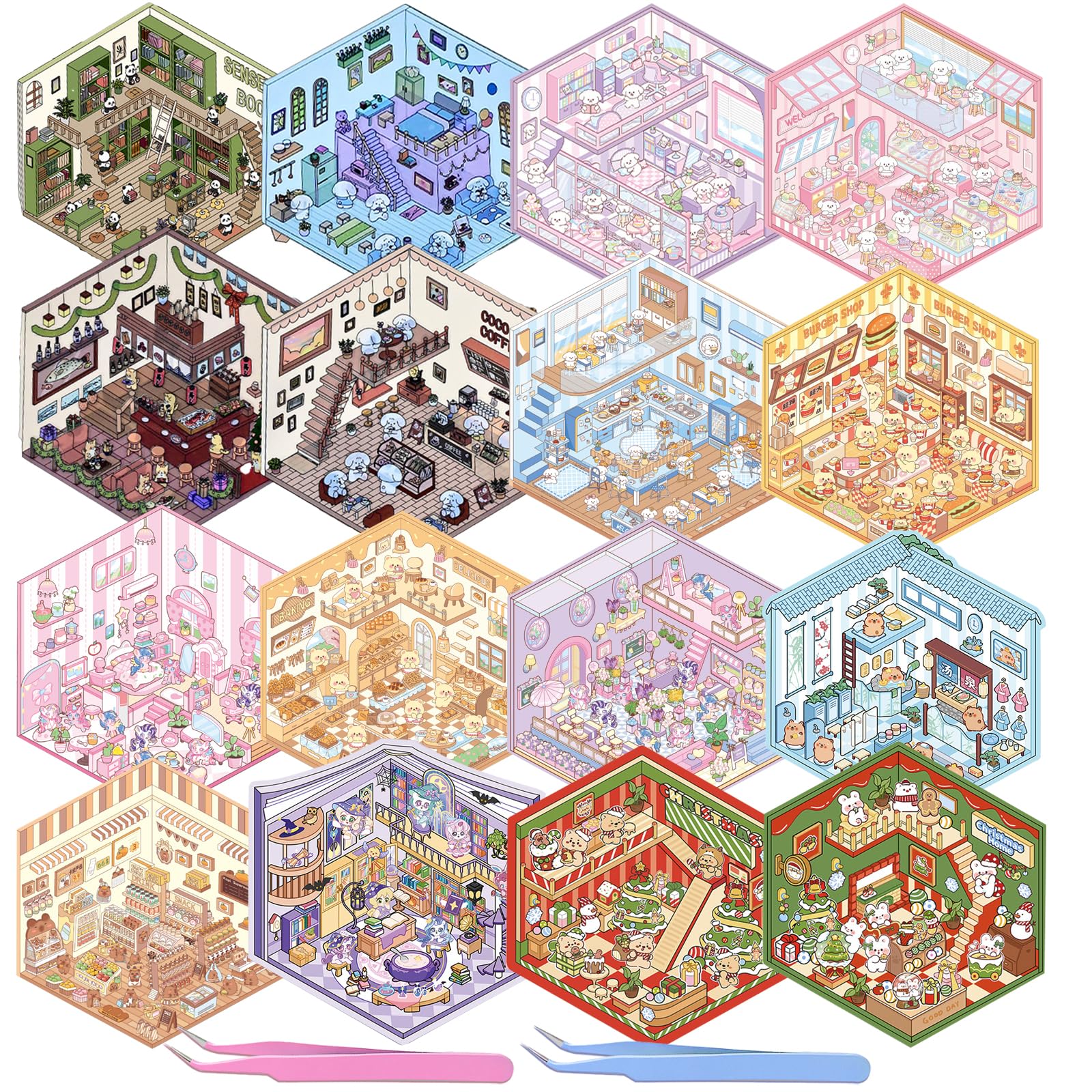 Amazon.com: 3D Sticker Scene,16 Sets 3D House Stickers, Sticker Scenes ...