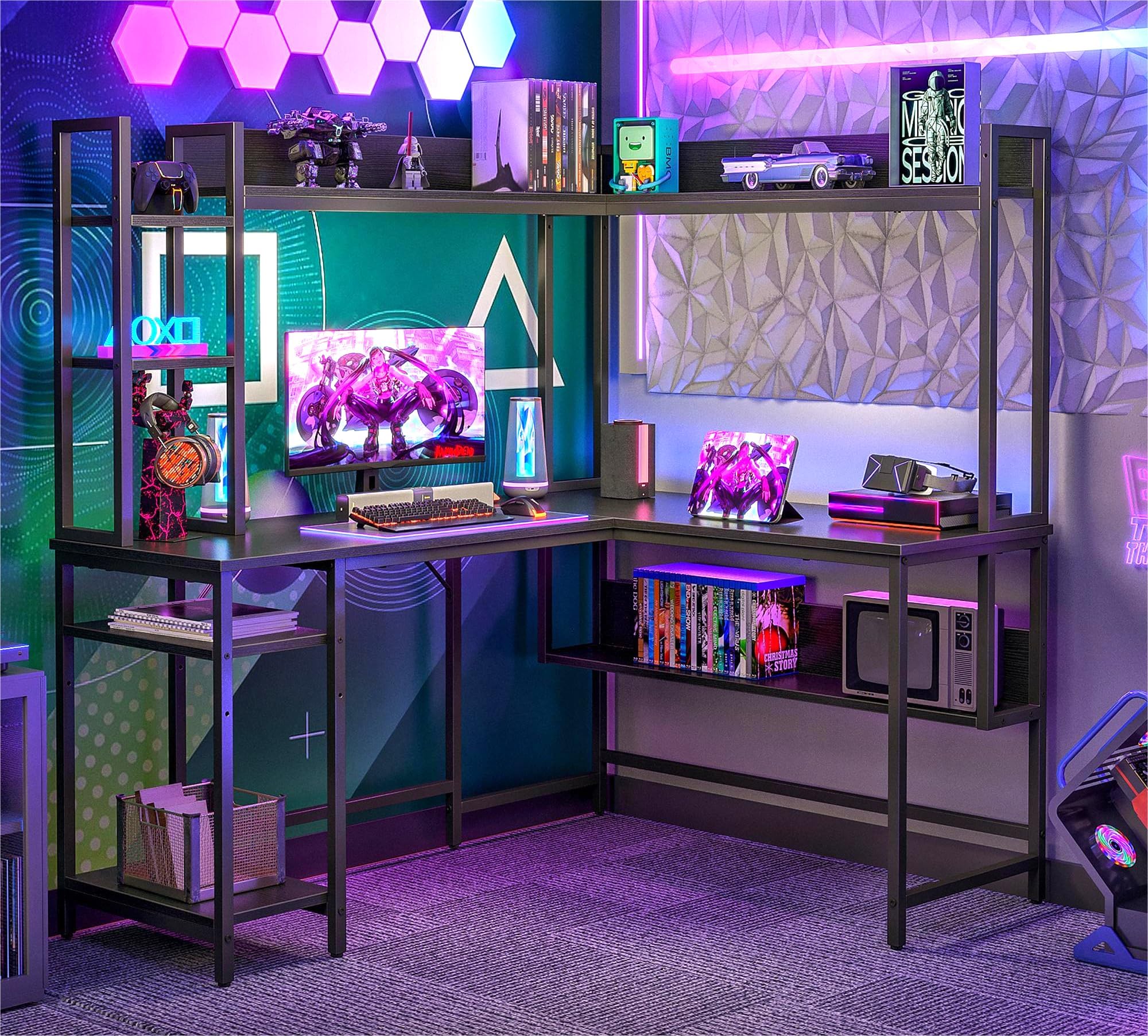 Amazon.com: AODK L Shaped Gaming Desk with Hutch & Power Outlets & LED ...