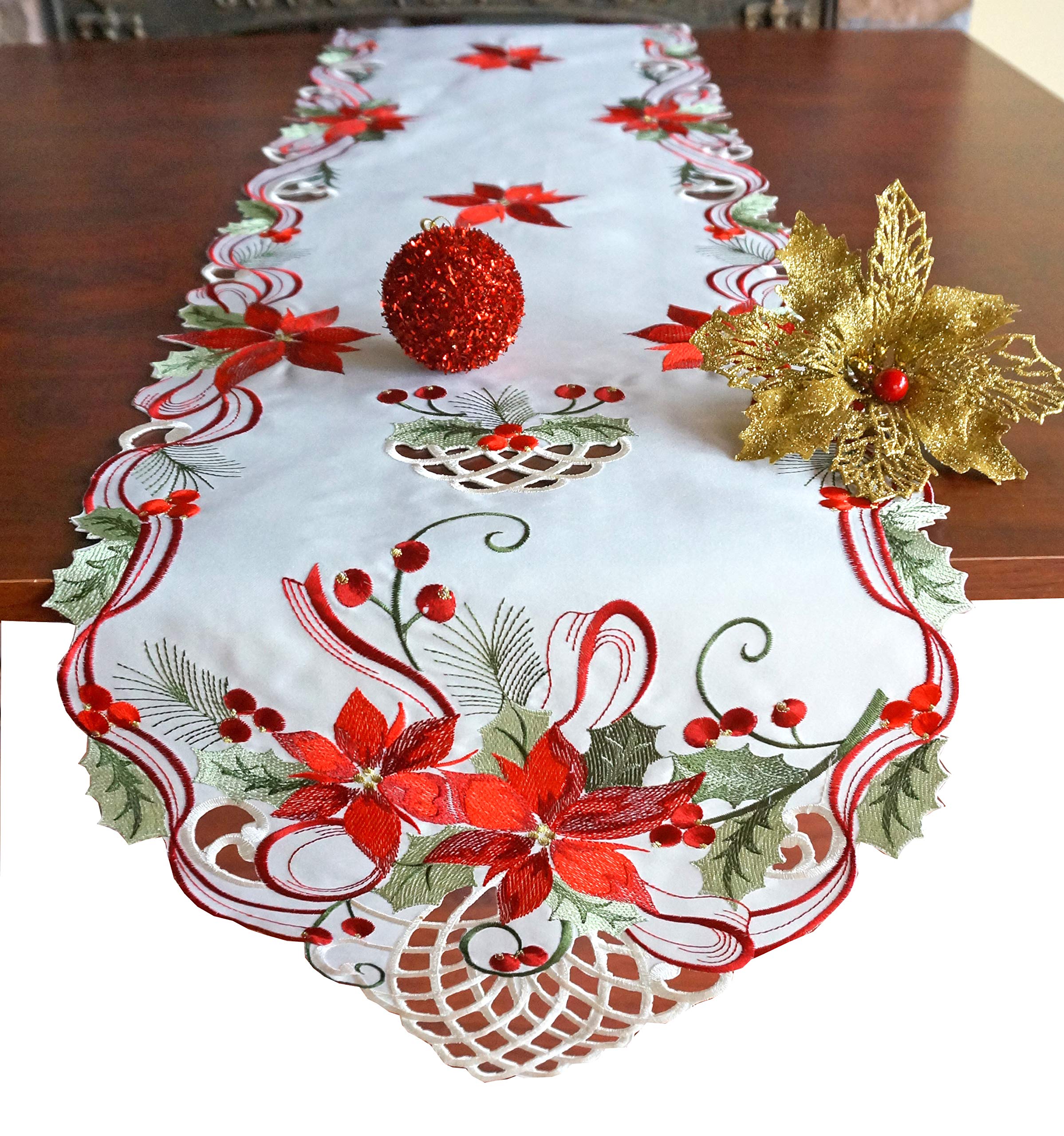Amazon.com: Holiday Christmas Table Runner, Cutwork Embroidered Floral ...