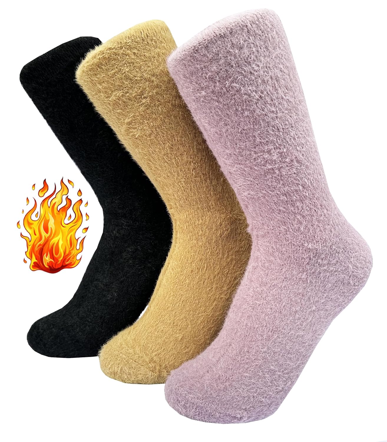 Alexvyan 3 Pair Pink/Yellow/Black Fur Socks - Soft & Cozy Solid Winter ...