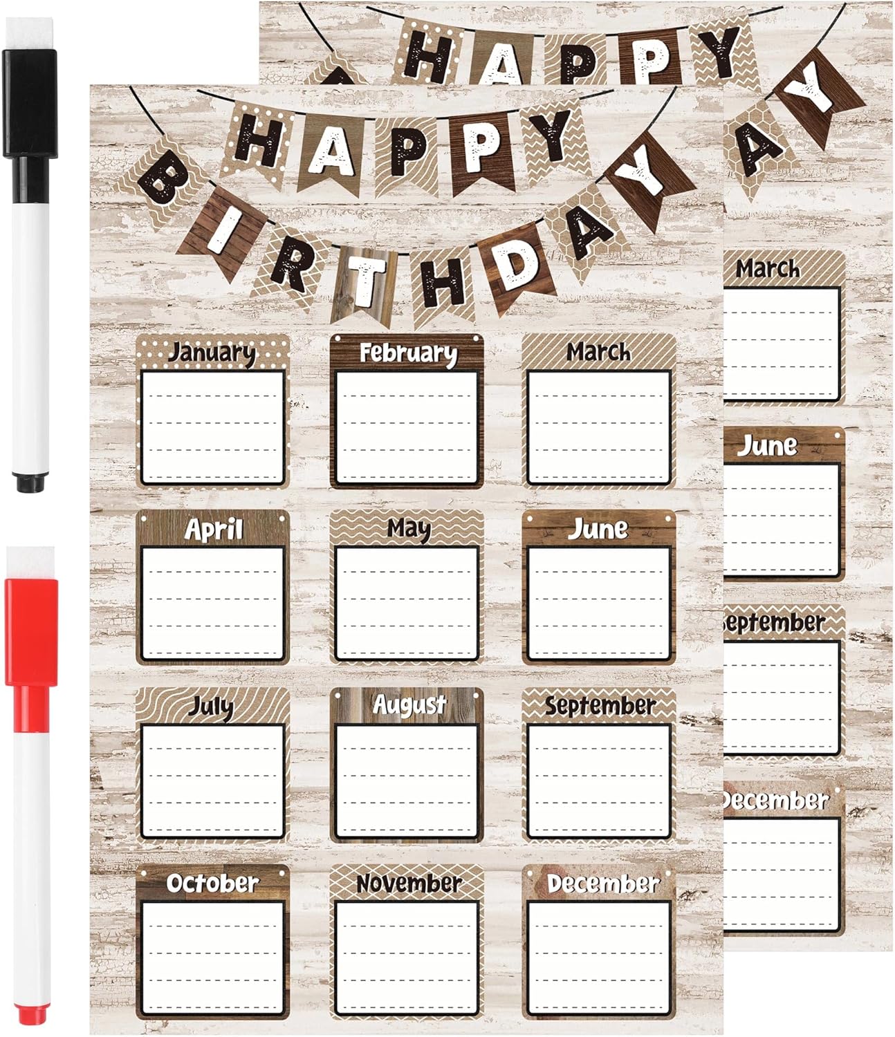 MENIFEND Birthday Chart Poster for Classroom: 2 Pcs Rustic Vintage ...