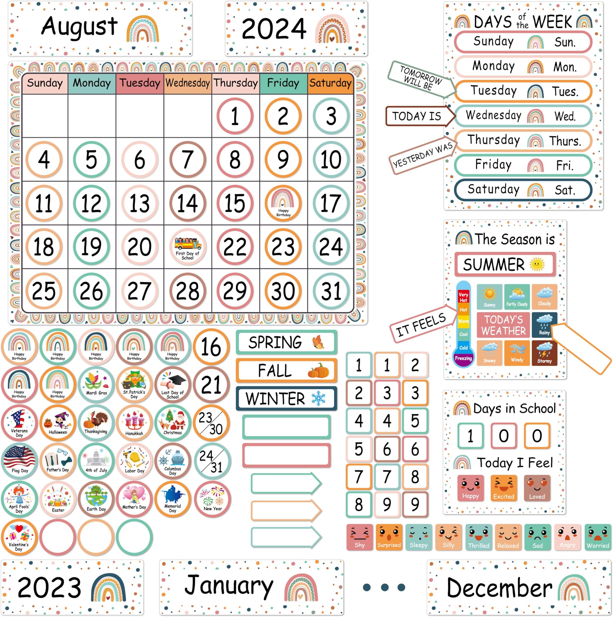 Amazon.com : WJFNKXKL 130 Pieces Boho Rainbow Calendar Bulletin Board ...