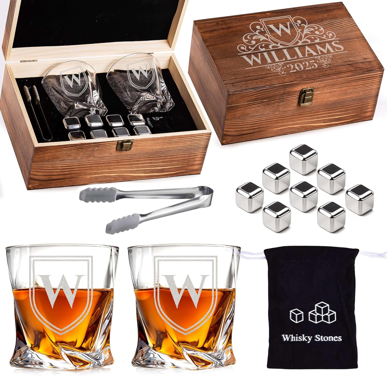 Amazon.com | Custom Monogram Name Year Whiskey Gift Set of 2 Glasses ...
