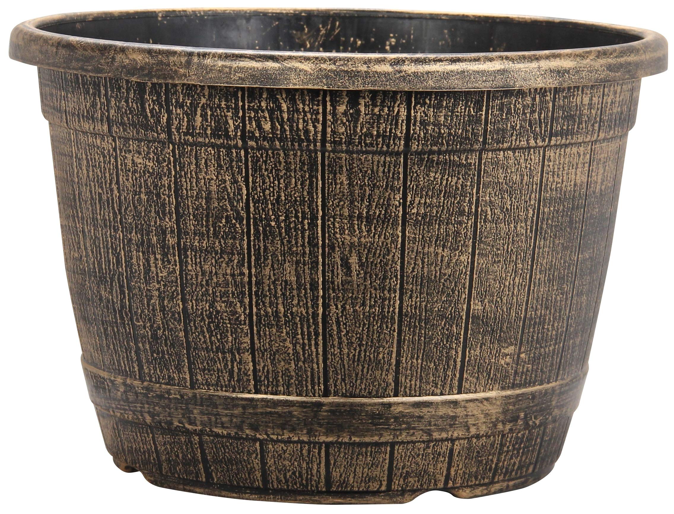 Muddy Hands Bronze Wooden Barrel Effect Plant Pot Round Plastic Planter ...